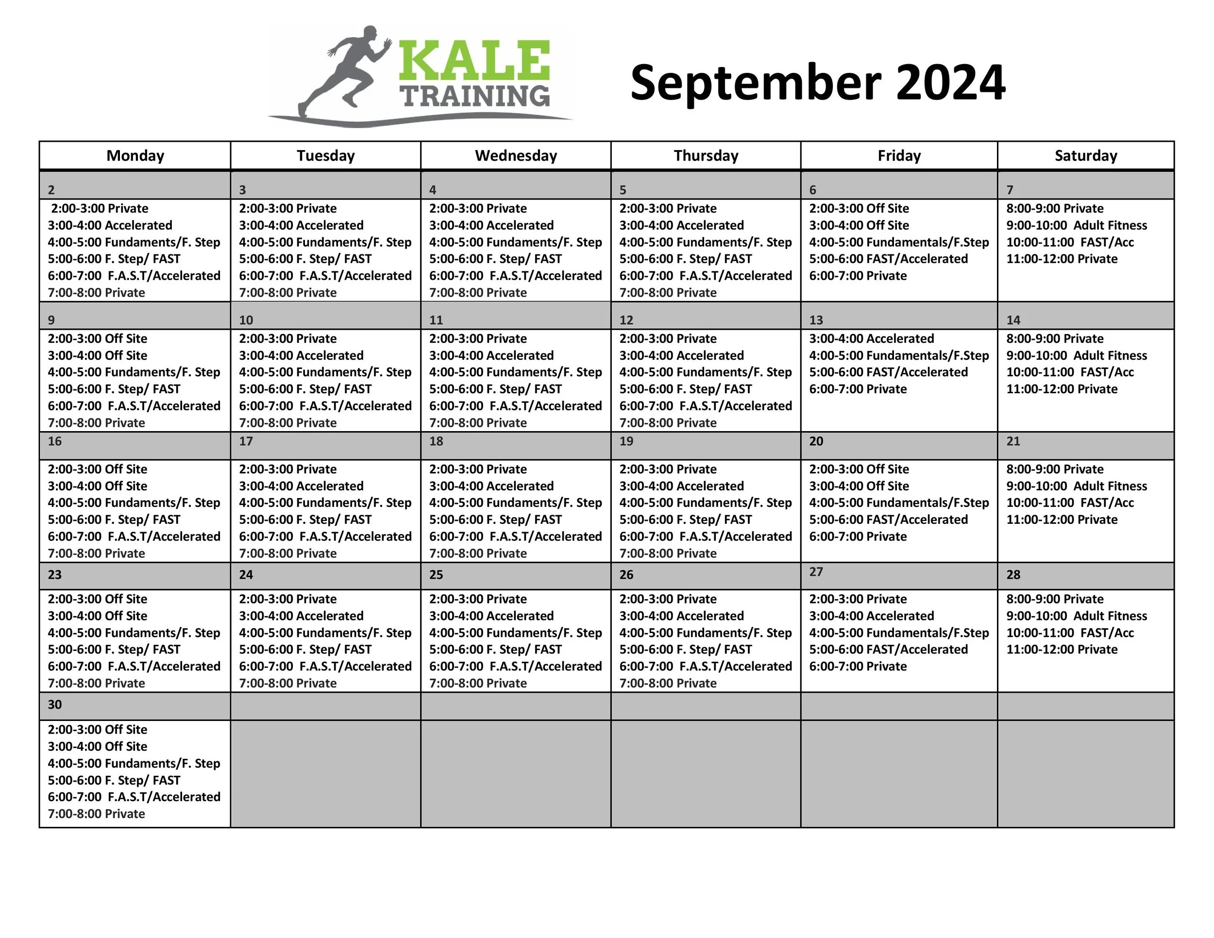 Monthly Schedule — Kale Training