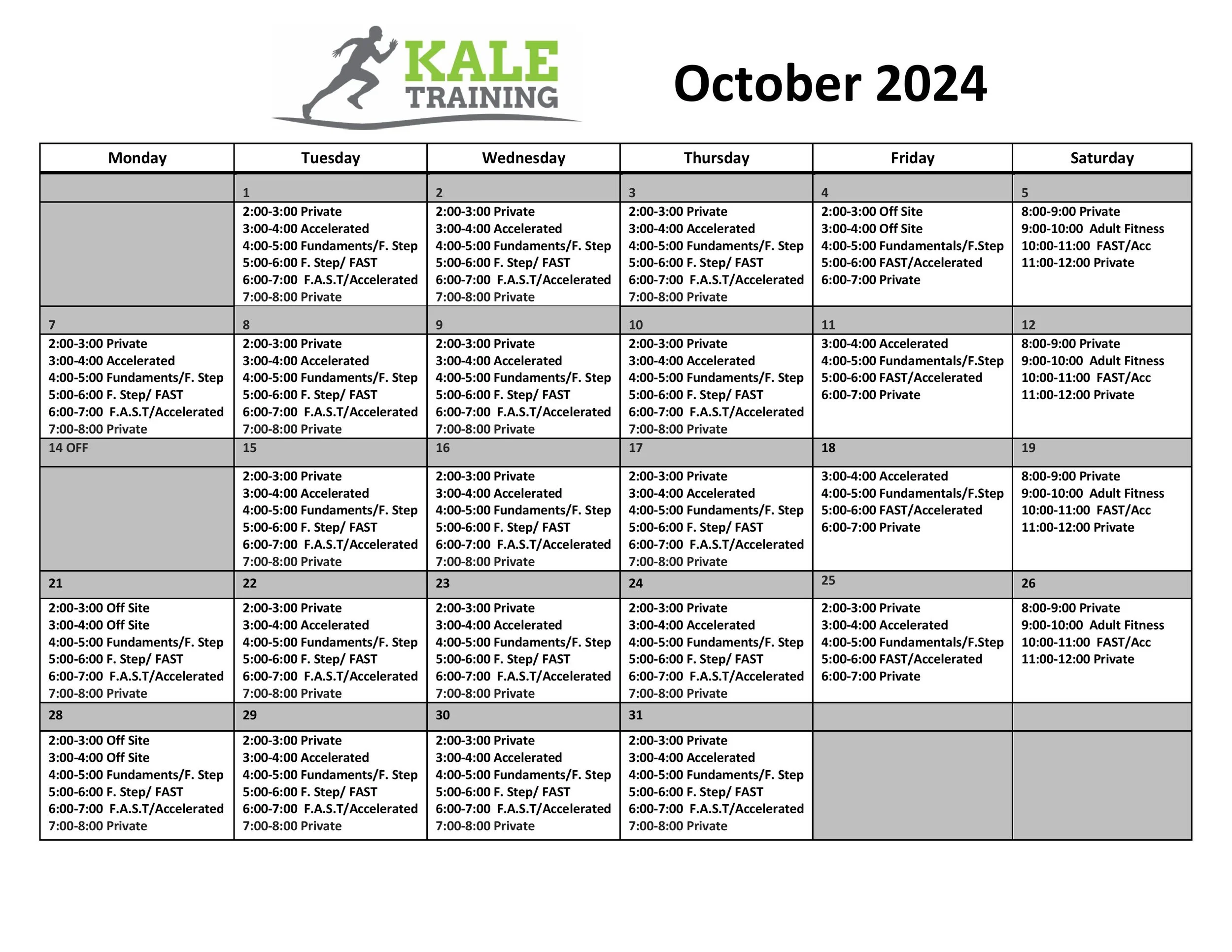 Monthly Schedule — Kale Training