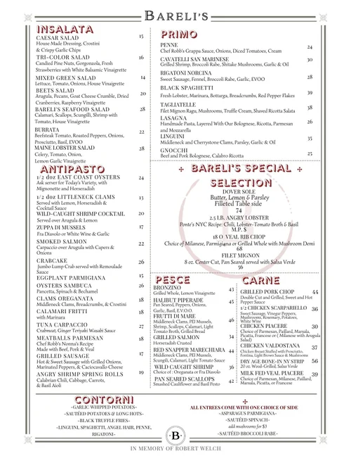 Menu — Bareli's Restaurant & Bar