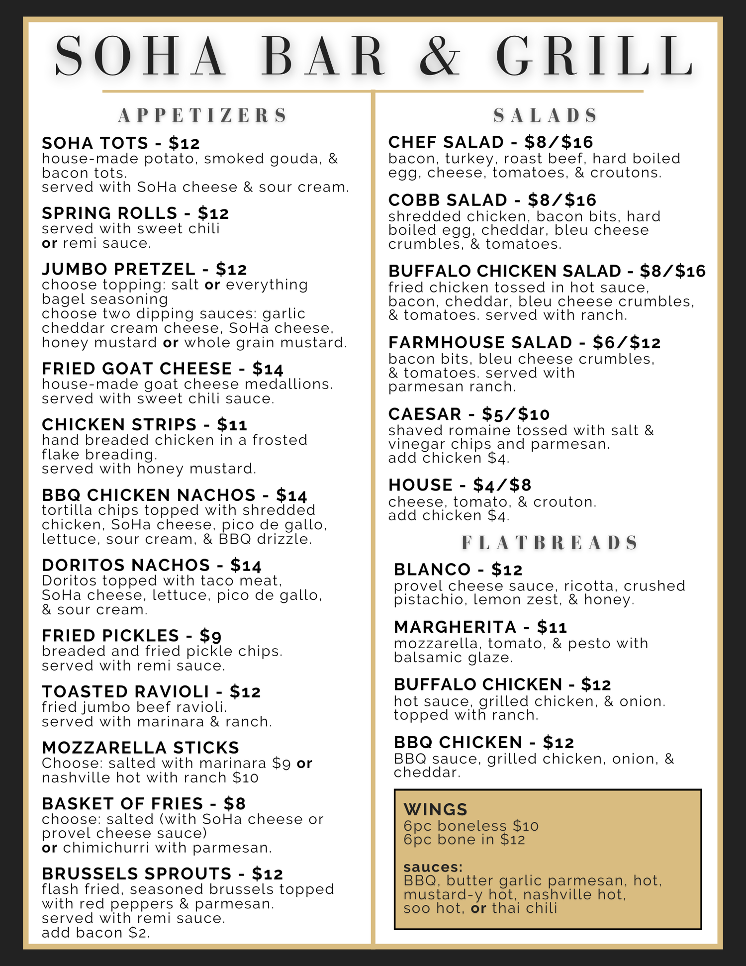 Menu — SOHA Bar & Grill