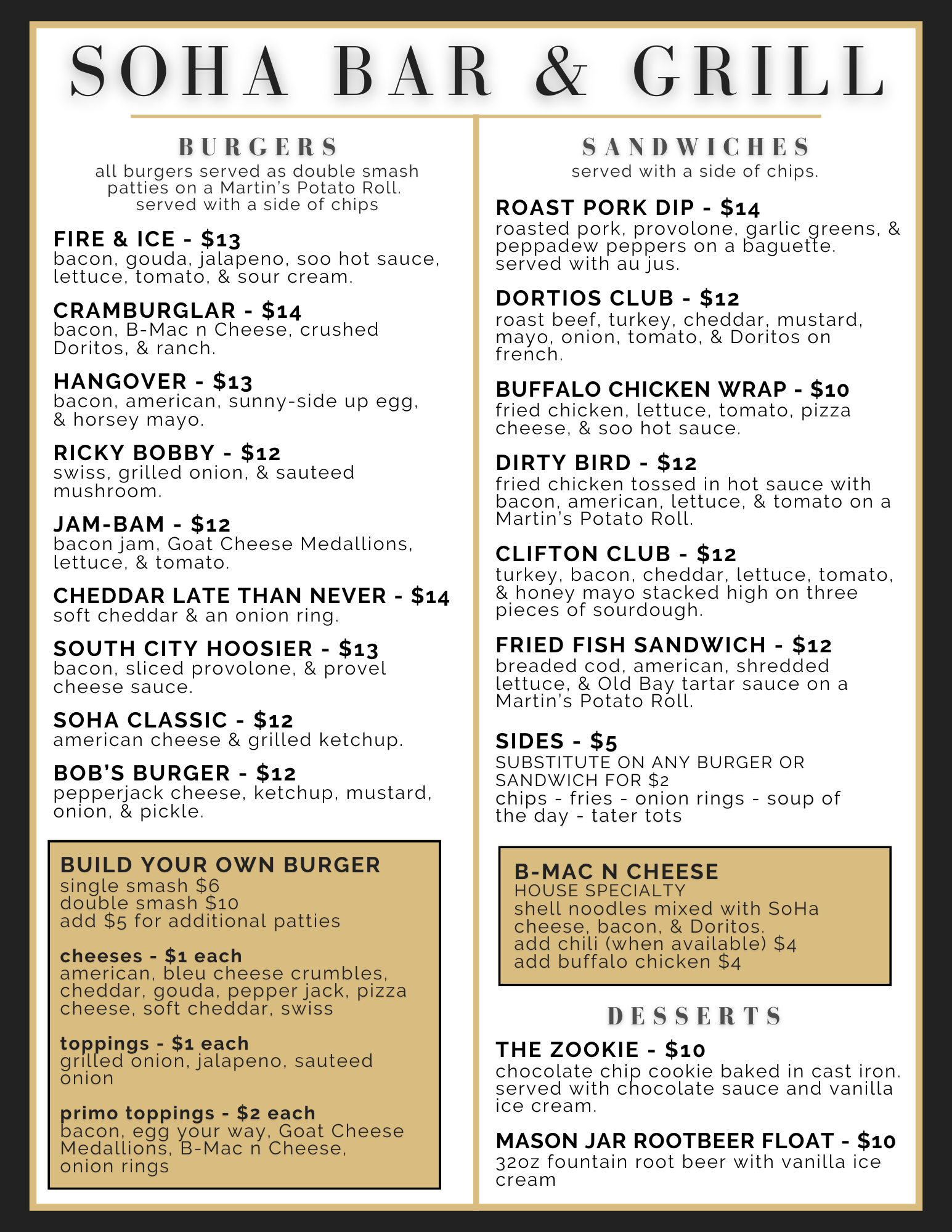 Menu — SOHA Bar & Grill