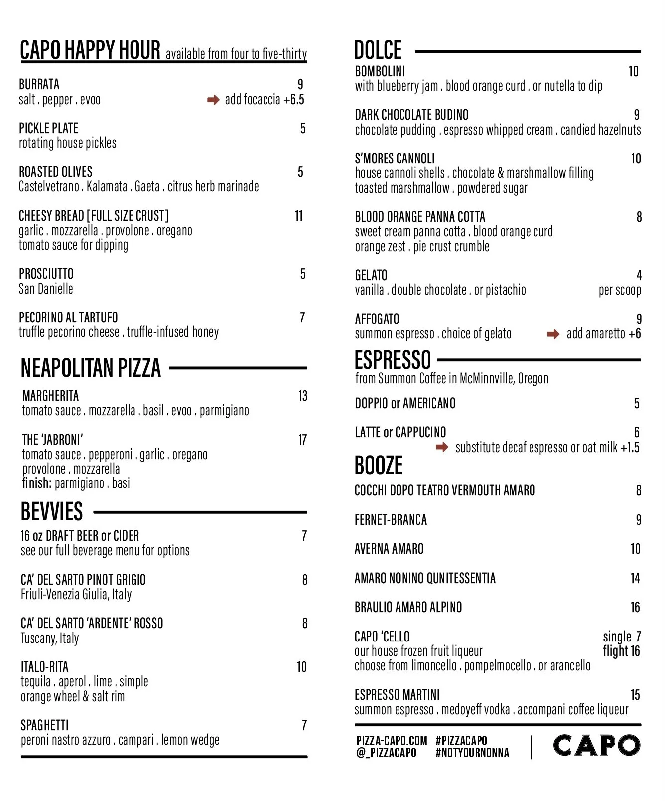MENU — PIZZA CAPO