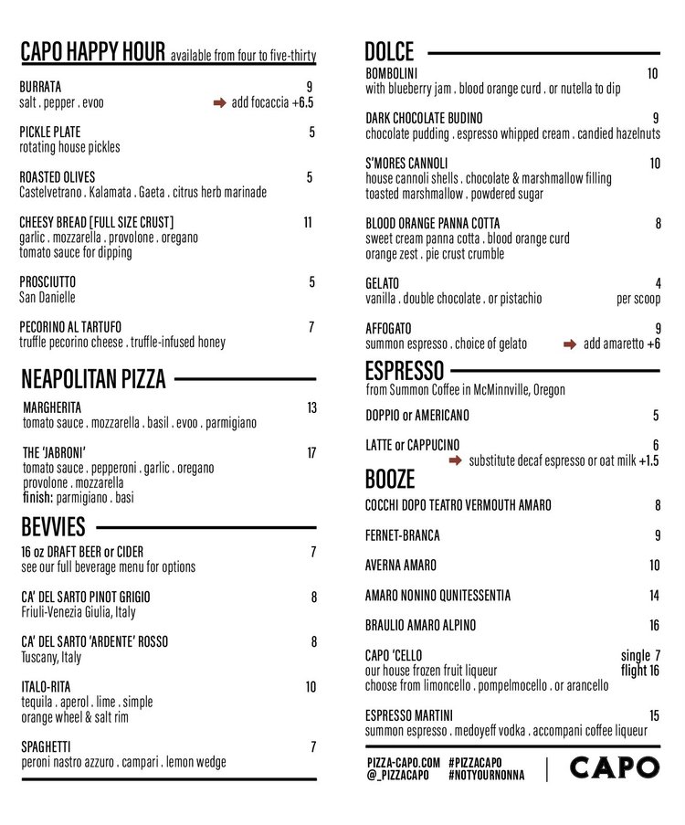 MENU — PIZZA CAPO