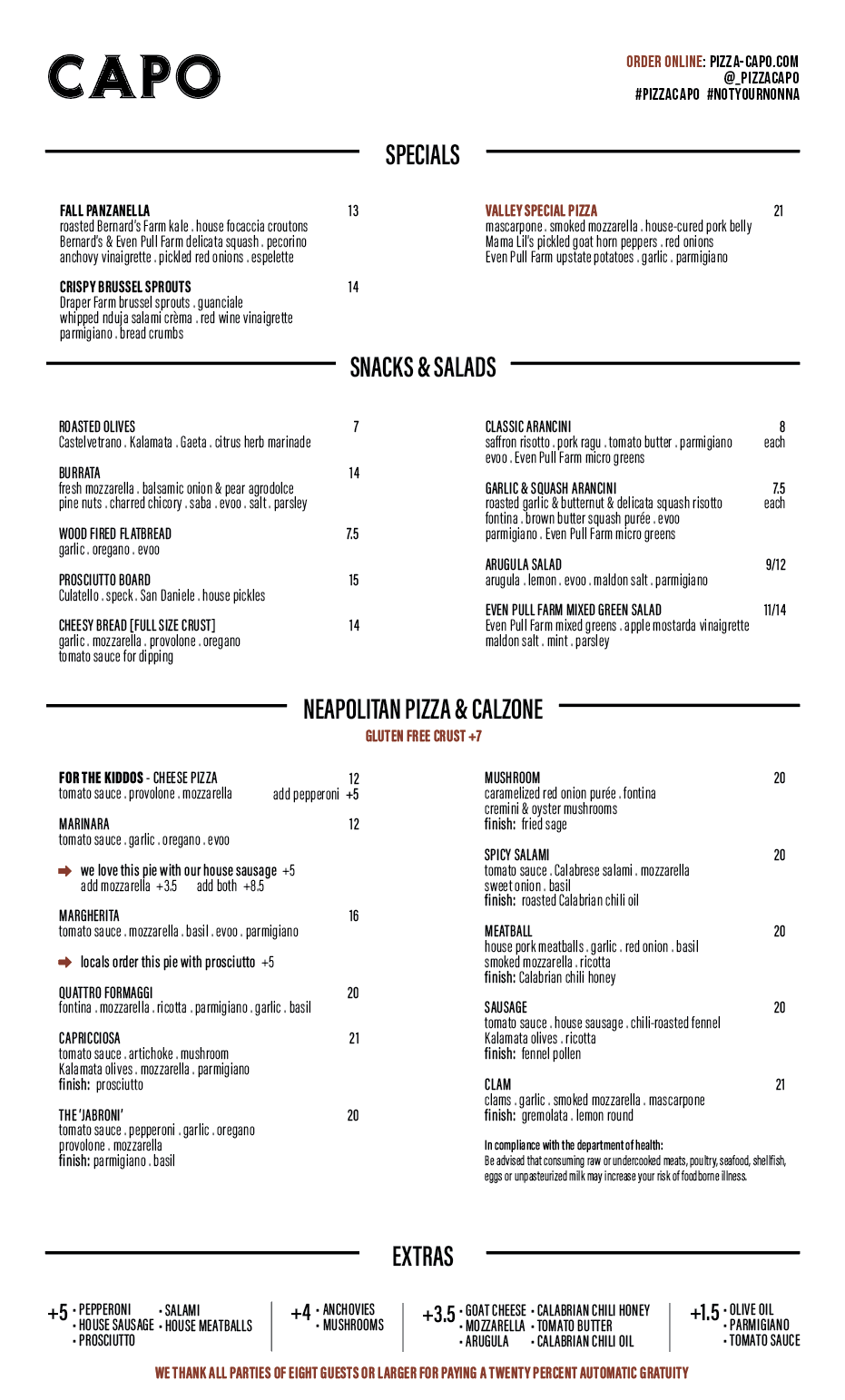 MENU — PIZZA CAPO
