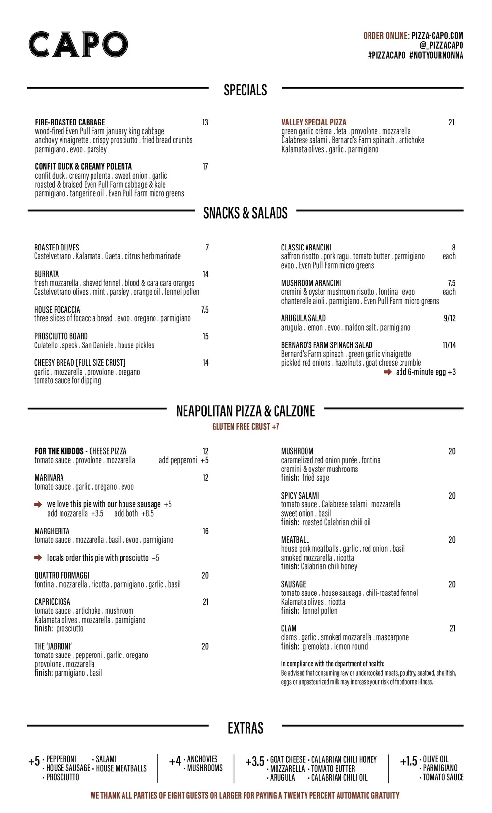 MENU — PIZZA CAPO