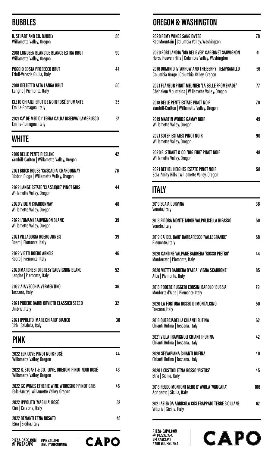 MENU — PIZZA CAPO