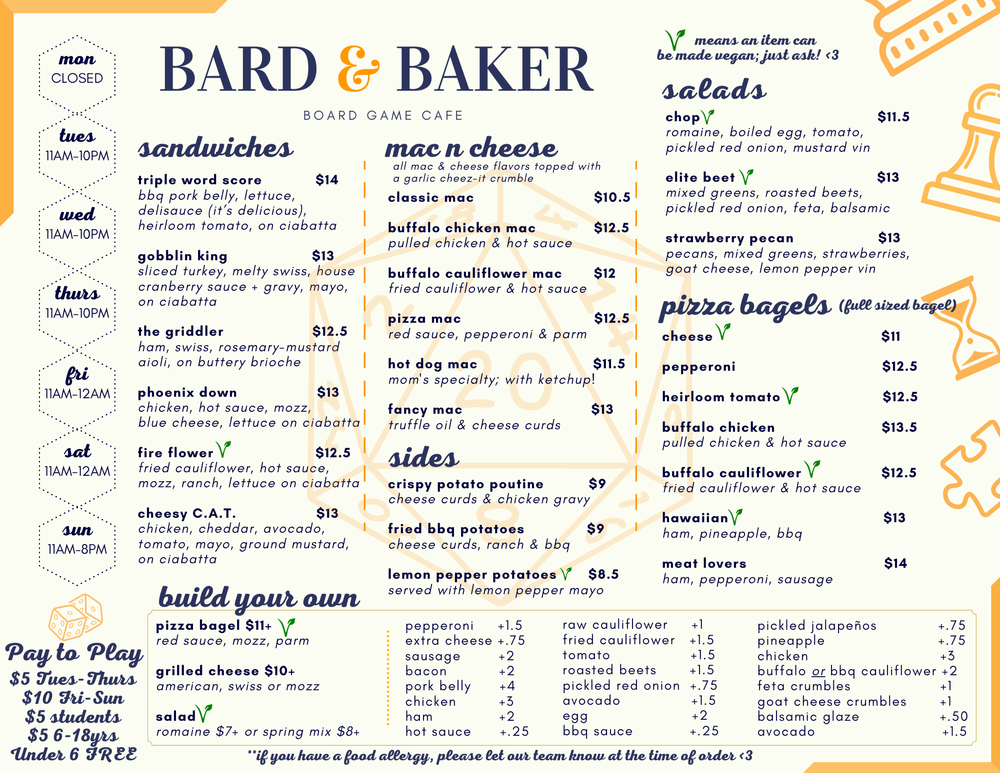 Menu — Bard & Baker: Board Game Café