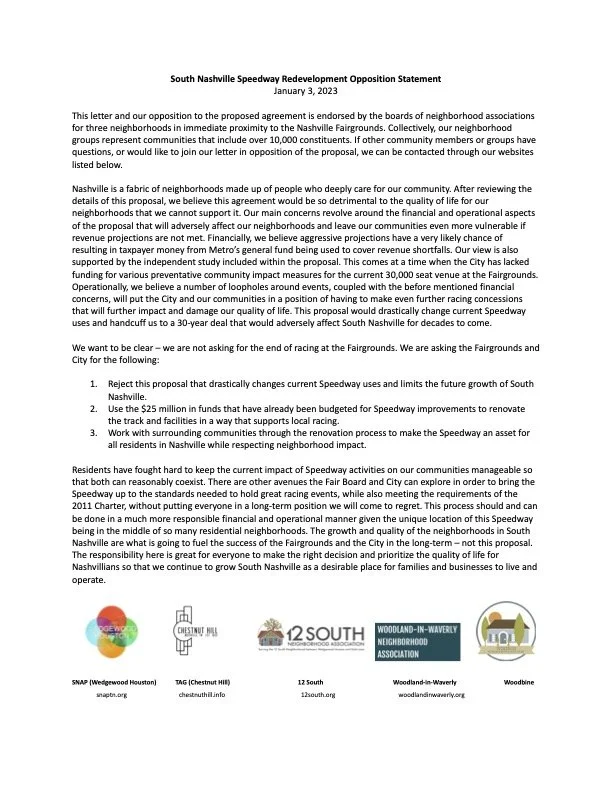 Speedway Opposition Statement — SNAP