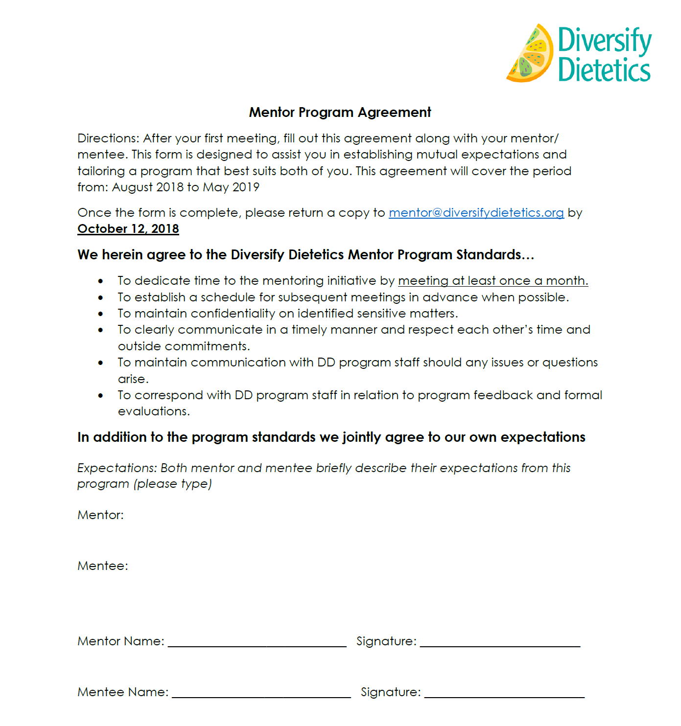Mentor Program Agreement — Diversify Dietetics