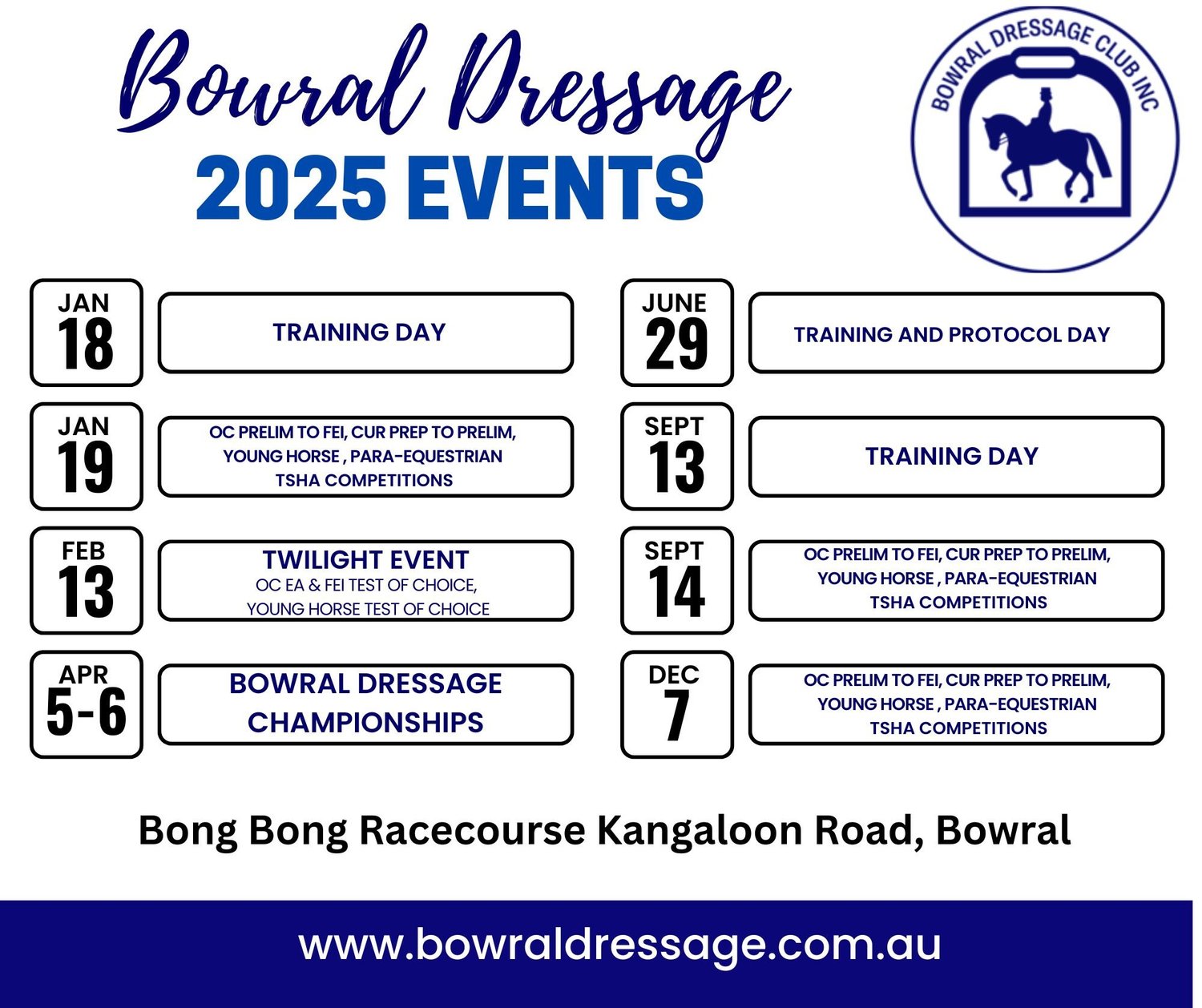 2025 Event Calendar — Bowral Dressage Club Inc