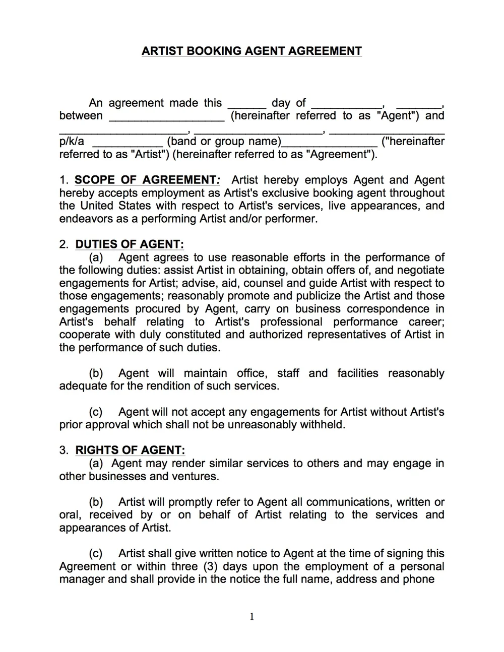 Artist Agent Agreement Template