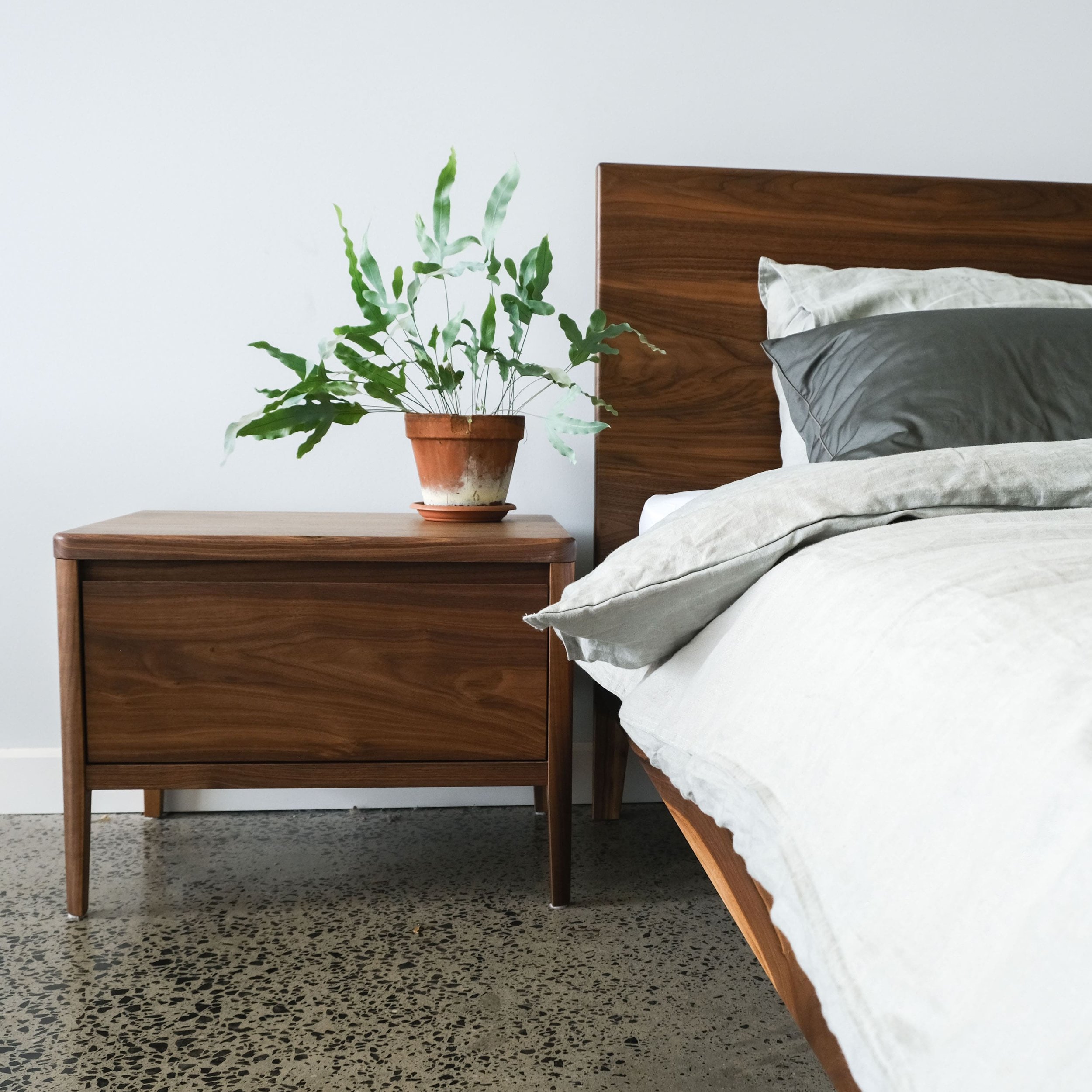 Mayfield Bedside Tables in Walnut - 600w x 450h — Retrograde Furniture | Made for generations