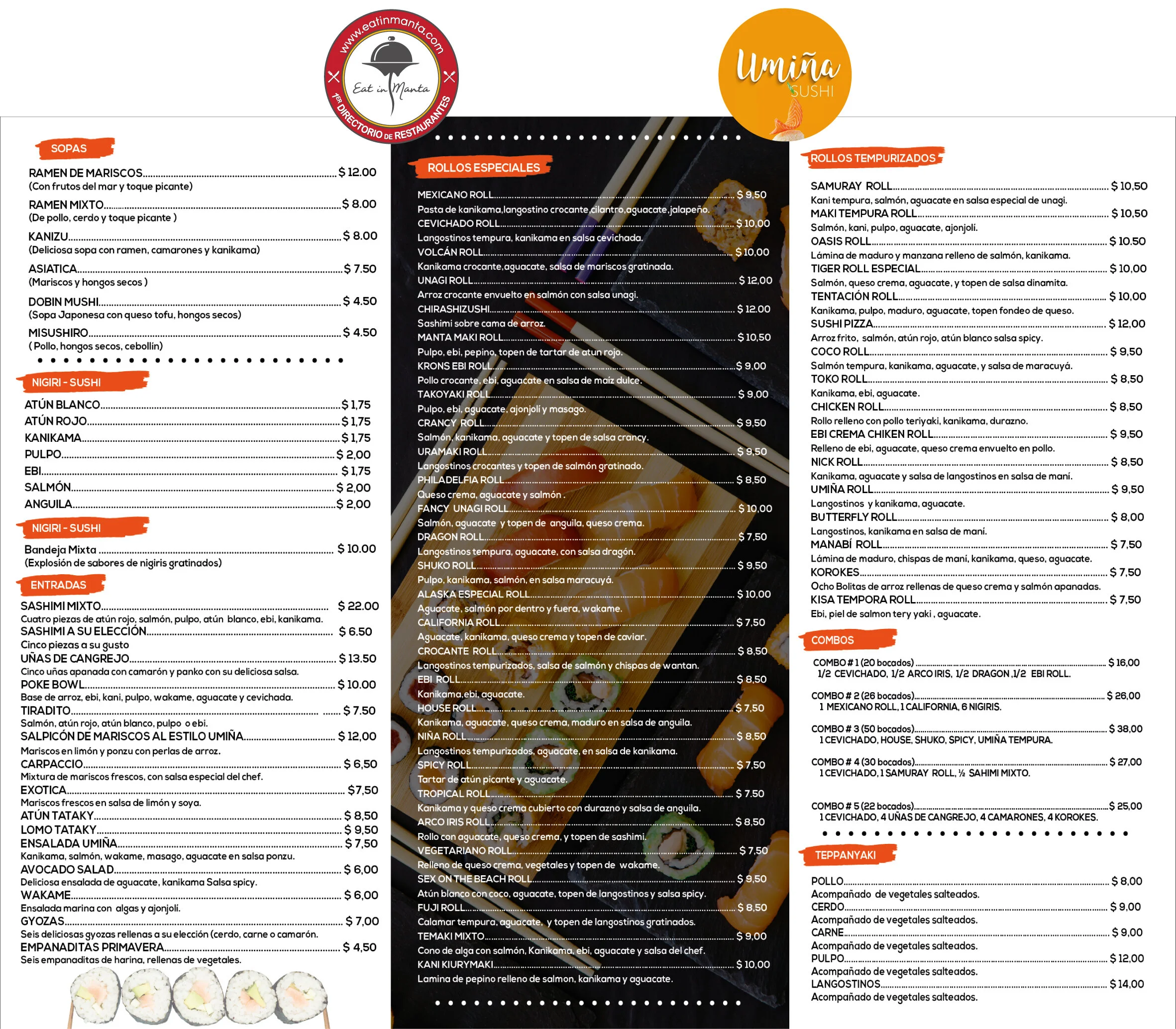 Umiña Sushi - Full Menu — Where to Eat In Manta Restaurants, Dining ...