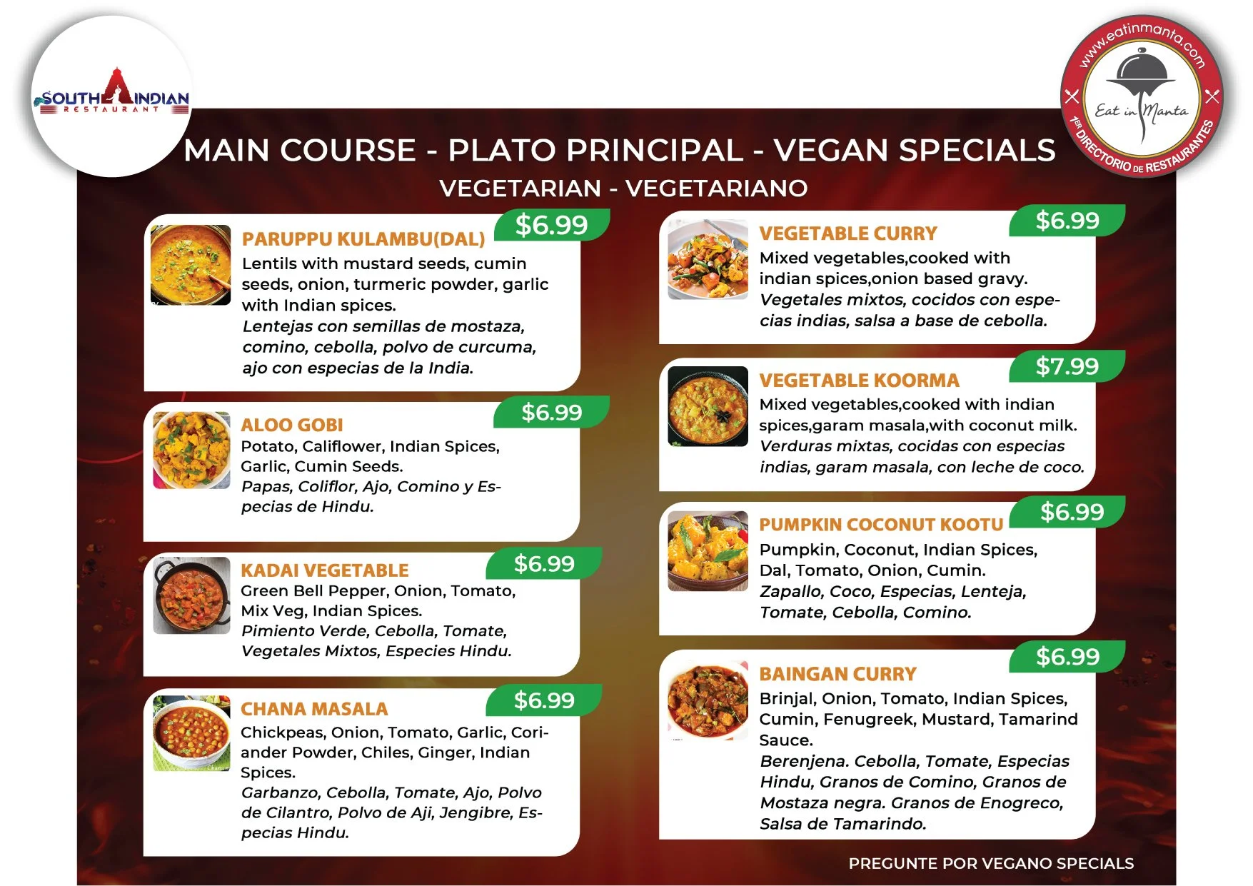 South Indian - Full Menu — Where to Eat In Manta Restaurants, Dining ...