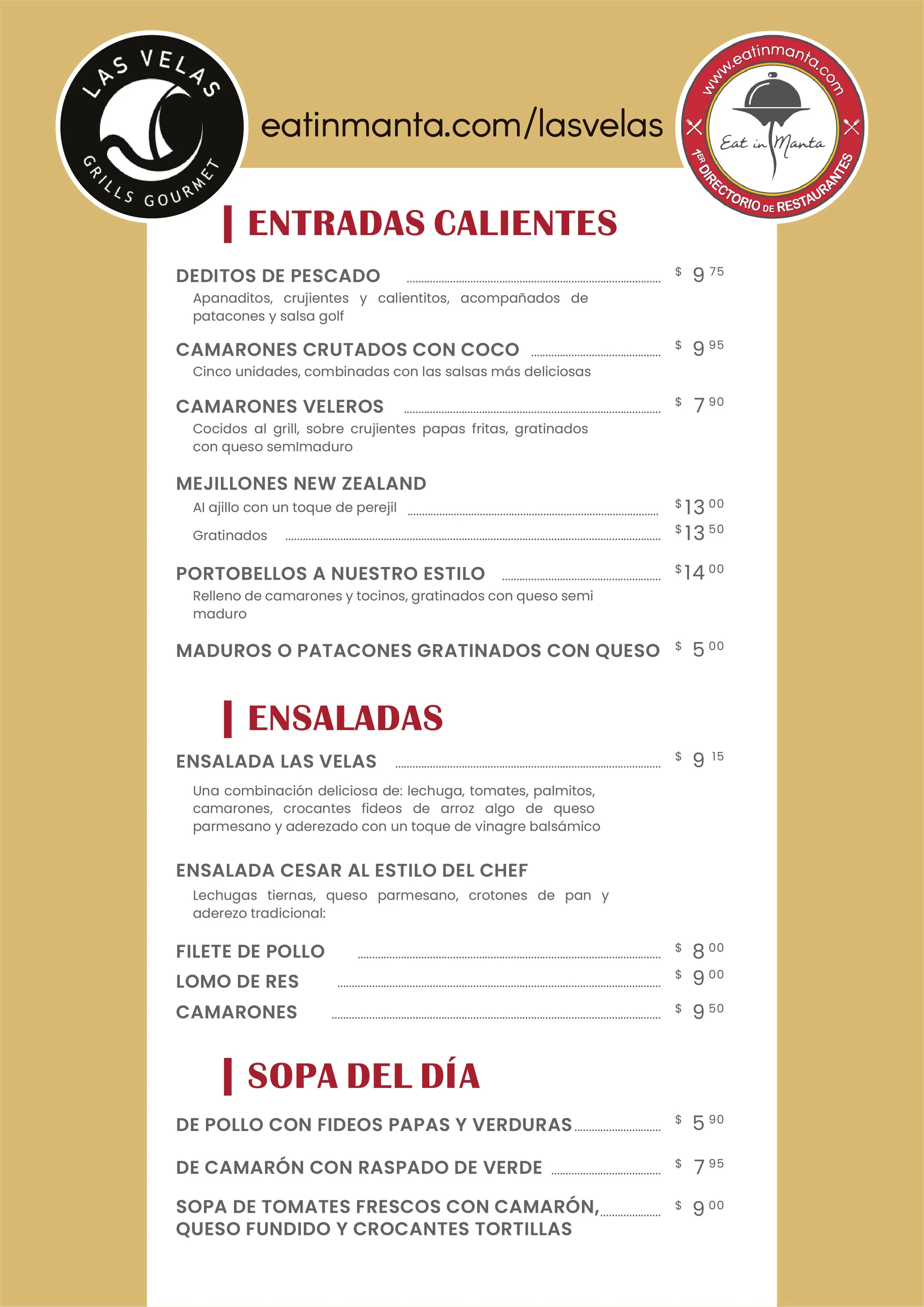 Las Velas - Full Menu — Where to Eat In Manta Restaurants, Dining ...