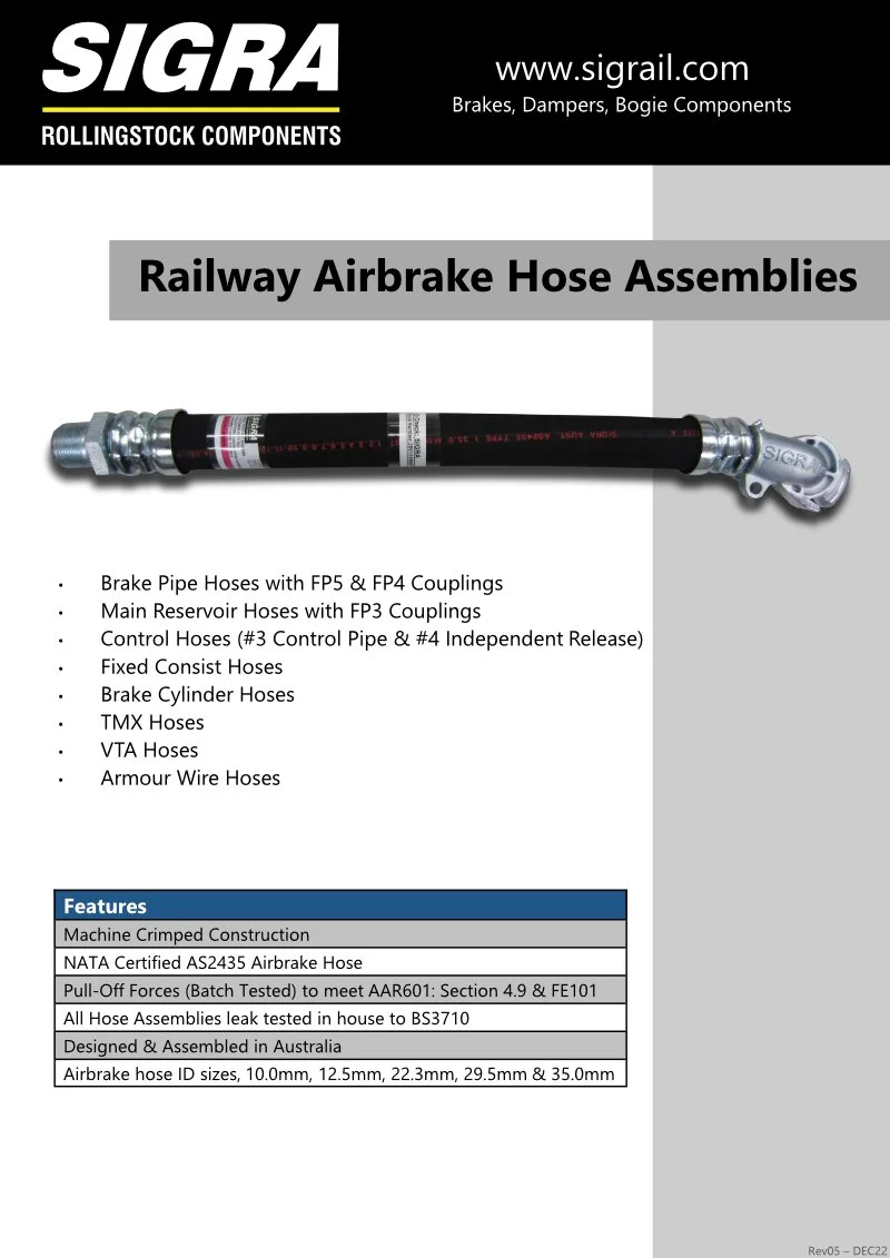 Sigra Rollingstock- Airbrake Hose Assemblies, AS2435 & UIC Standards ...