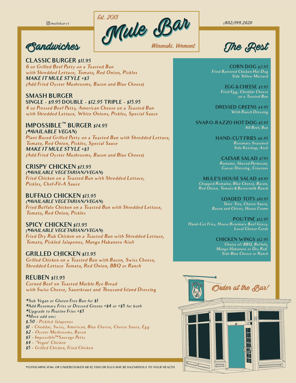 Menu — Mule Bar | Winooski, Vermont