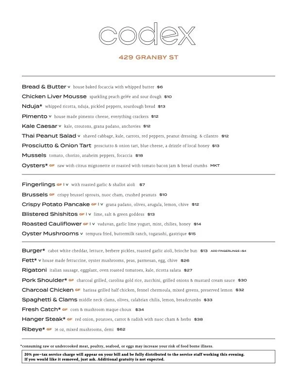 Dinner Menu — CODEX