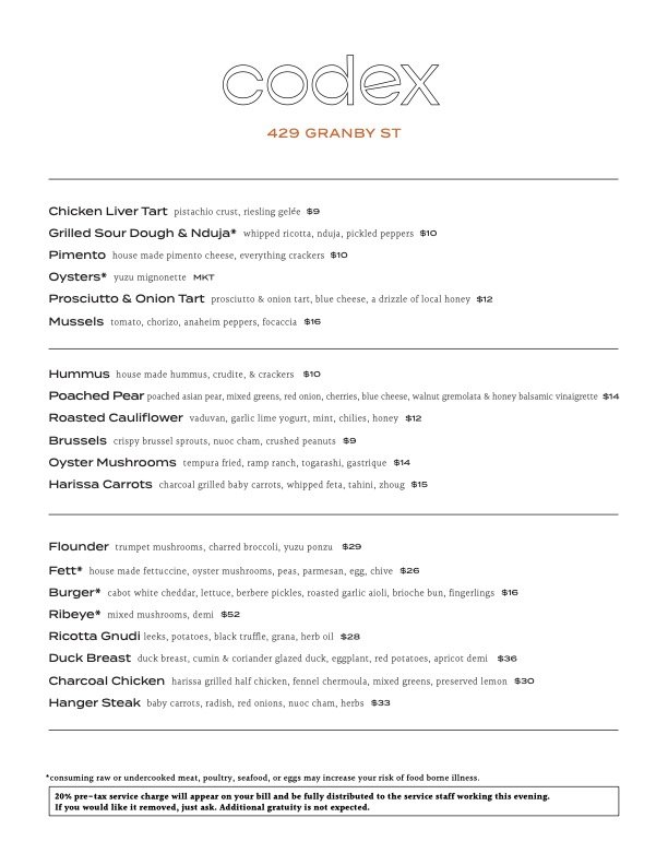 Dinner Menu — CODEX