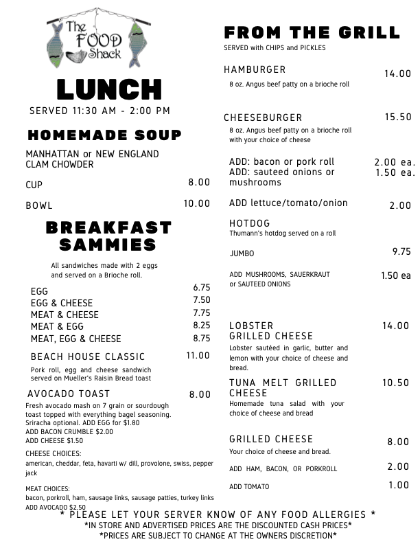 Restaurant Menu — The Food Shack