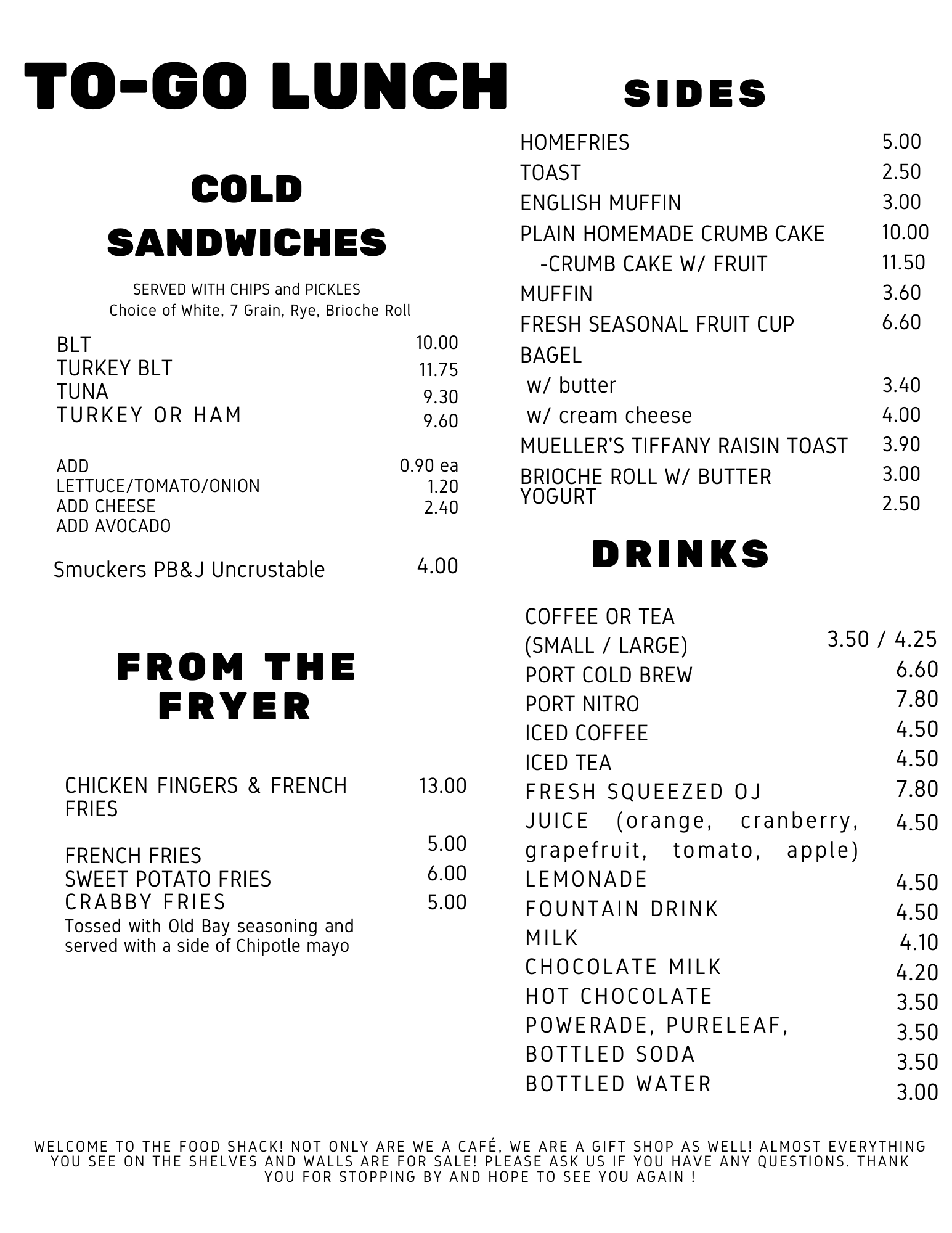 Grab & Go Menu — The Food Shack