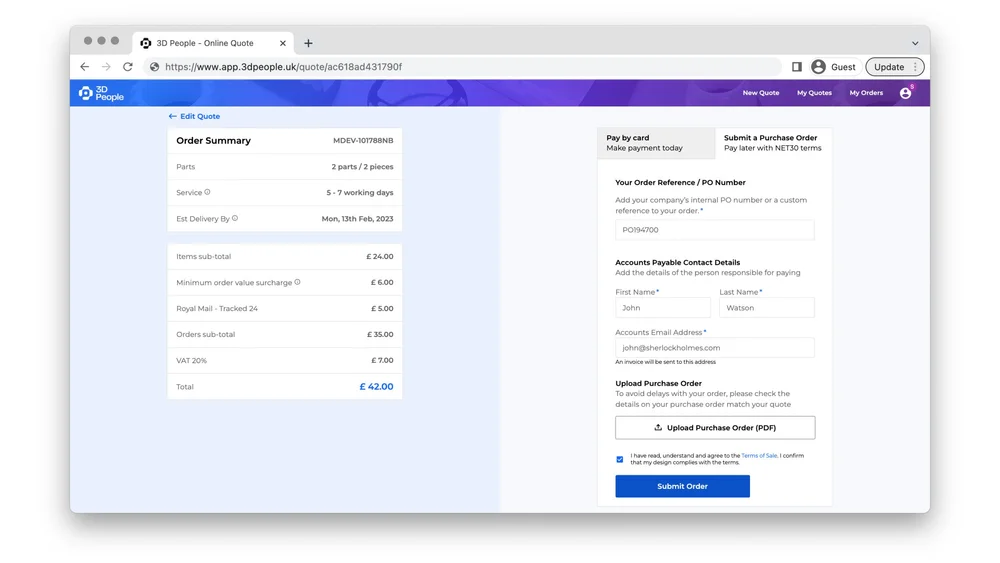UPDATE: Online Quote App now accepts payment terms and more — 3D People UK