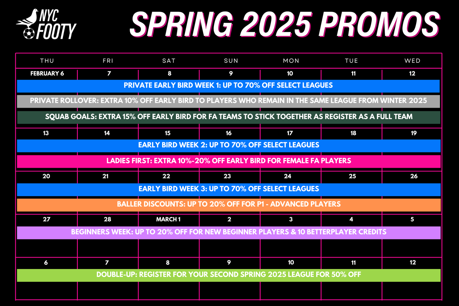Promotional Calendar and Discount Programs — NYC Footy