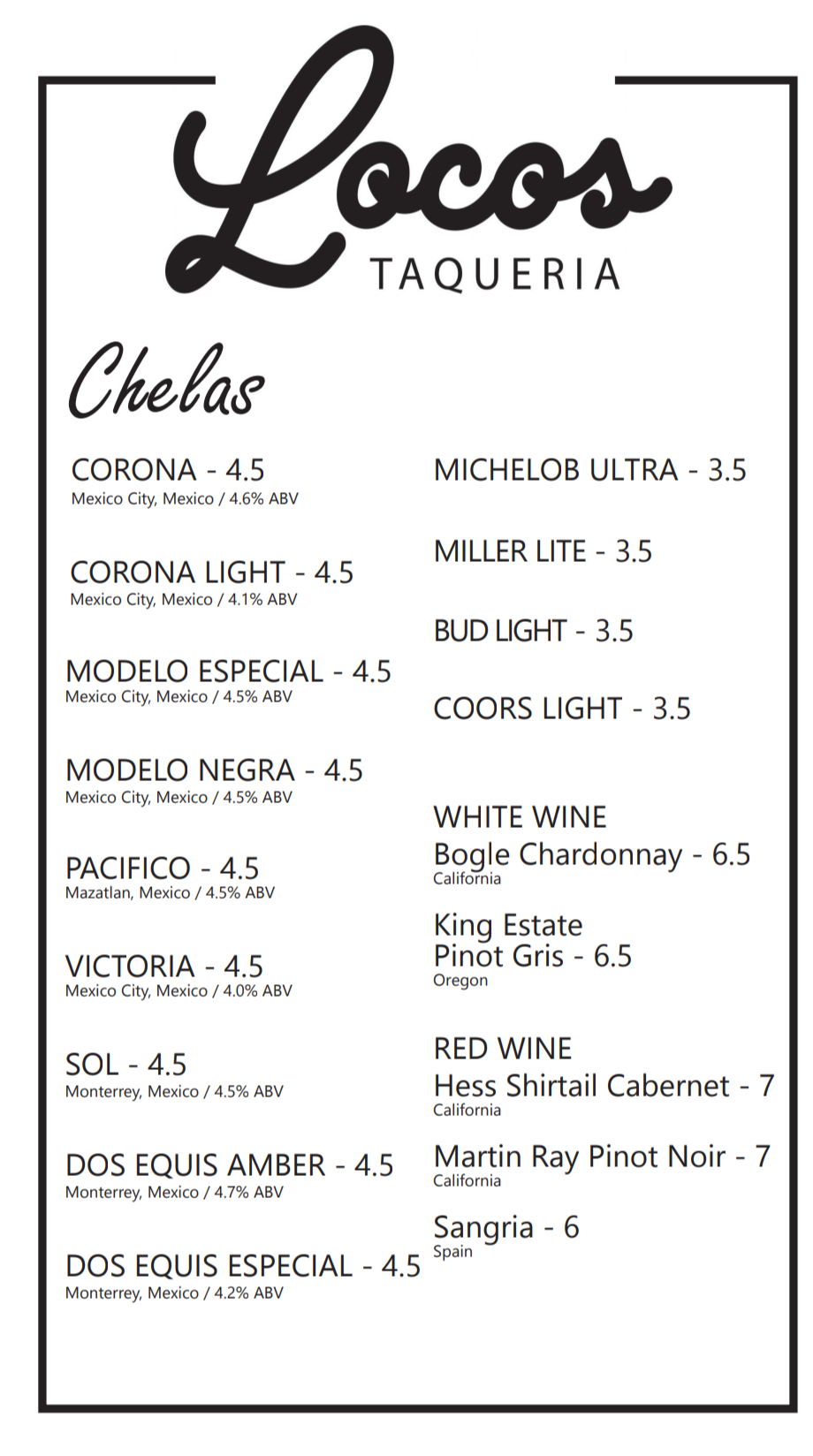 Menu — Locos Taqueria