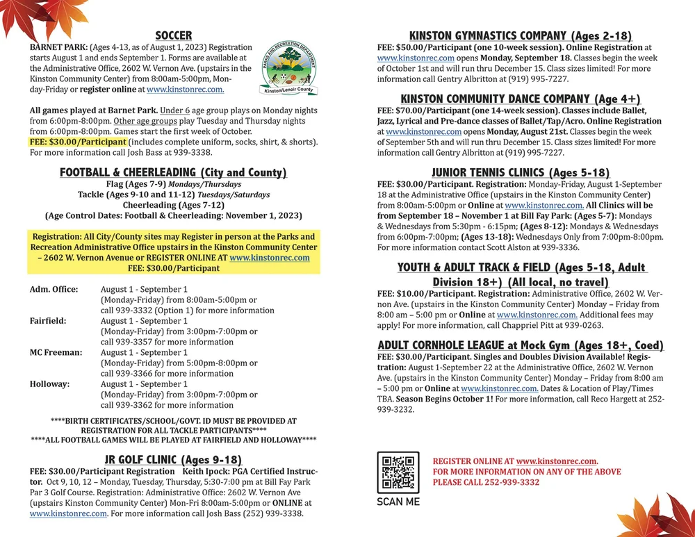 EVENT: Kinston/Lenoir Co. Parks & Recreation-Fall Programs Registration ...