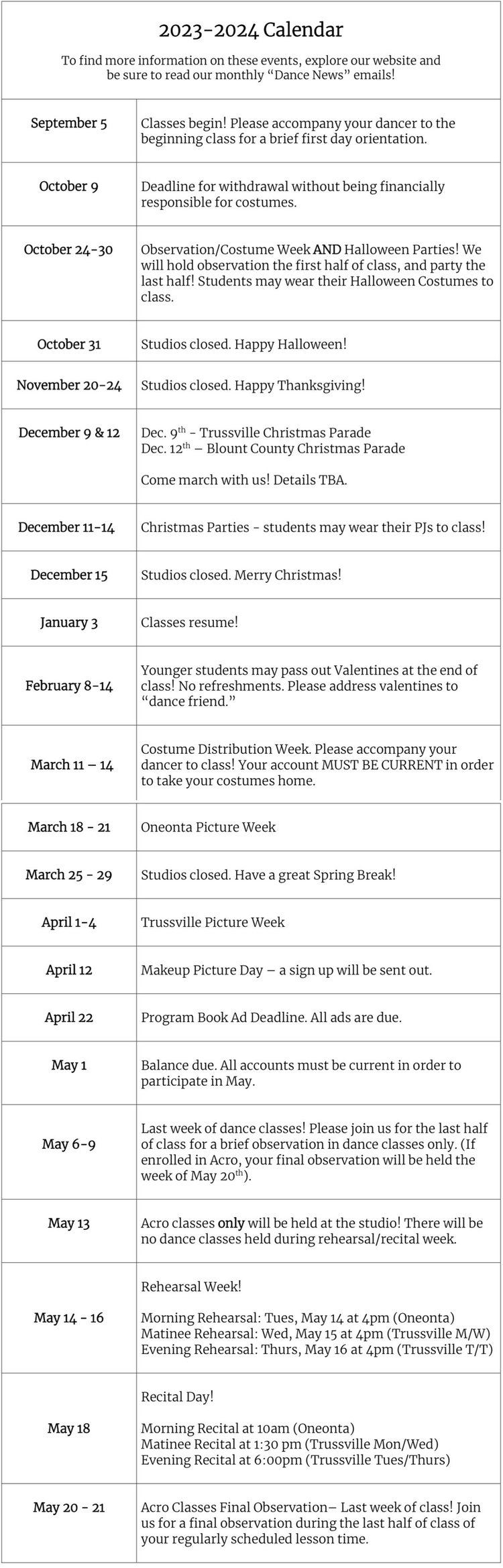Calendar — Miss Kelley’s School of Dance