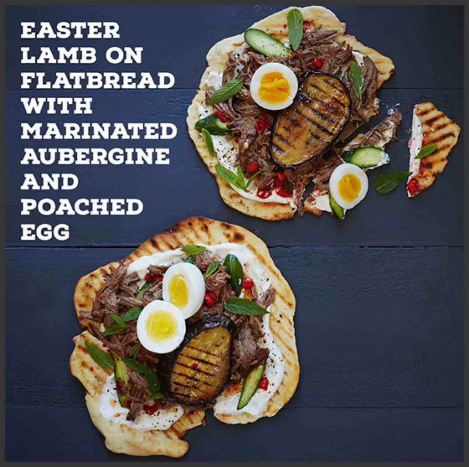 Lamb on Homemade Flatbread with Marinated Aubergine and Boiled Egg ...