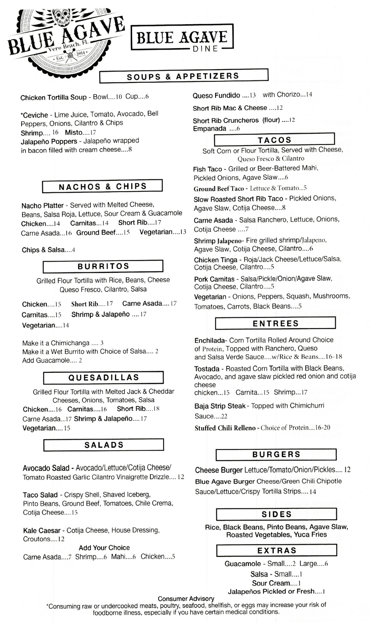 Blue Agave Menu Vero Beach