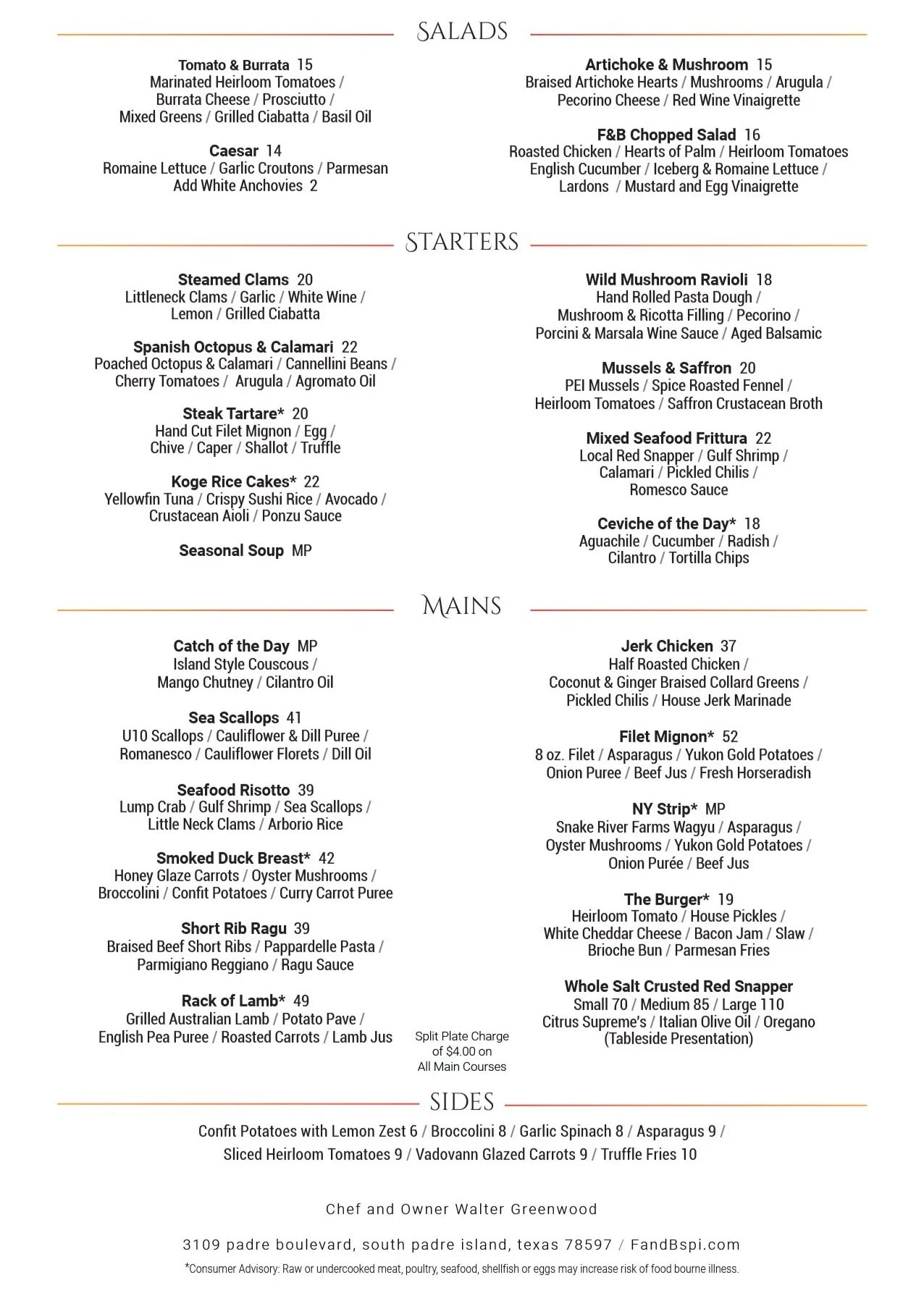 Dining Menu — Modern American with a Coastal Flare - F&B South Padre Island
