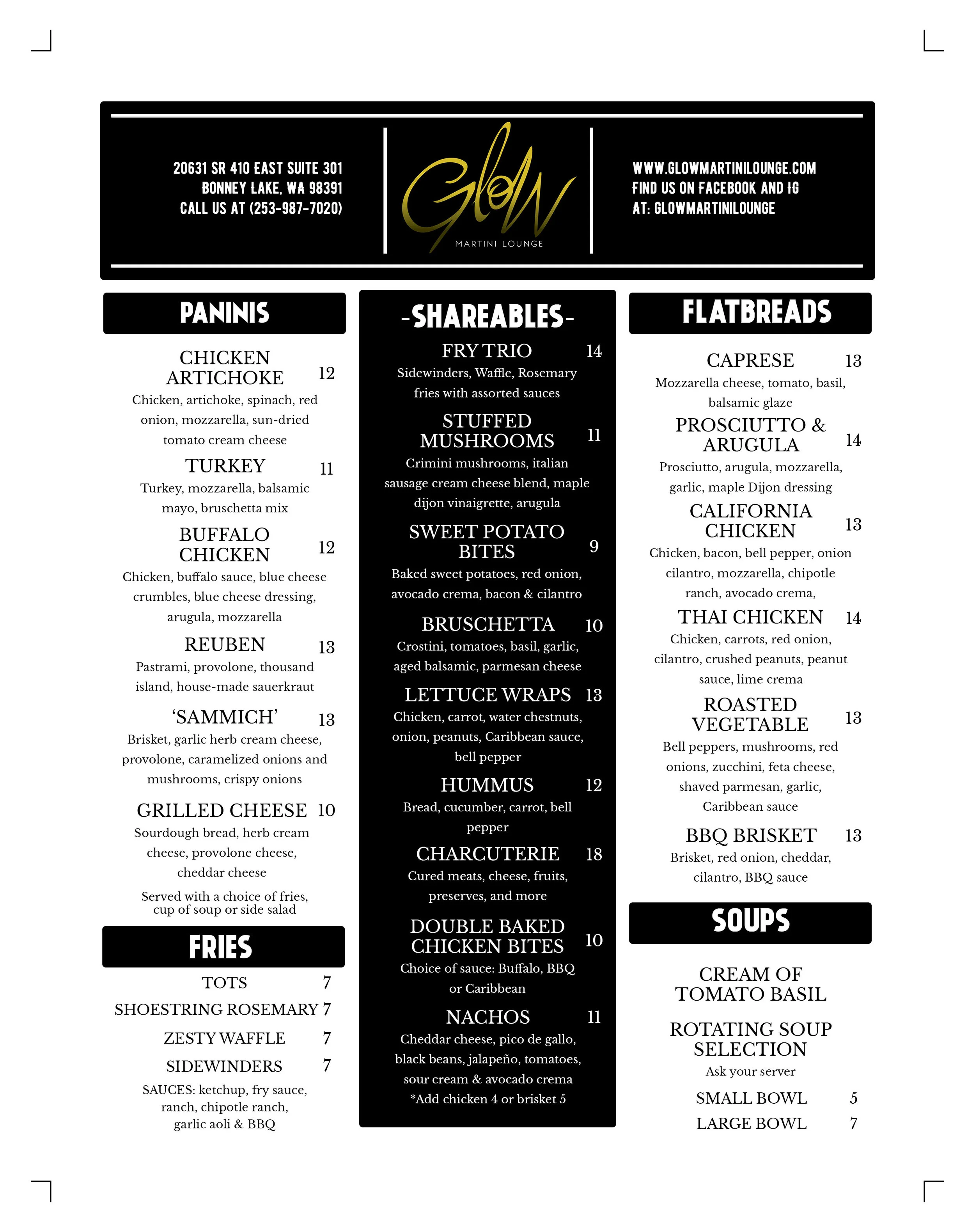 MENU — GLOW MARTINI LOUNGE
