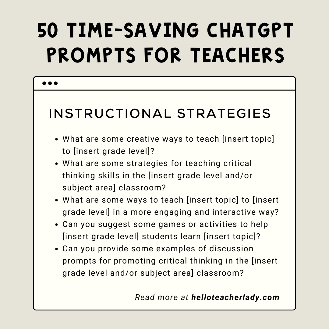 50 Time-Saving ChatGPT Prompts for Teachers — Hello, Teacher Lady