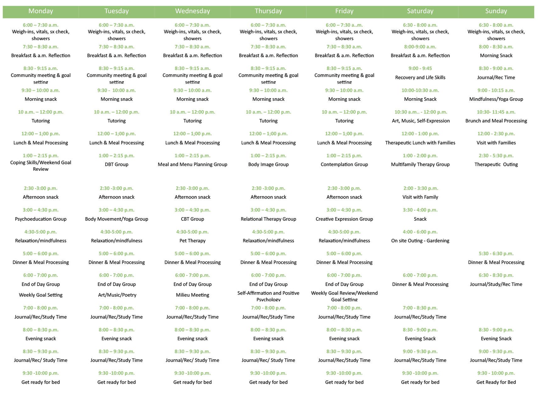 Sample Schedule - Residential — The Healing Connection