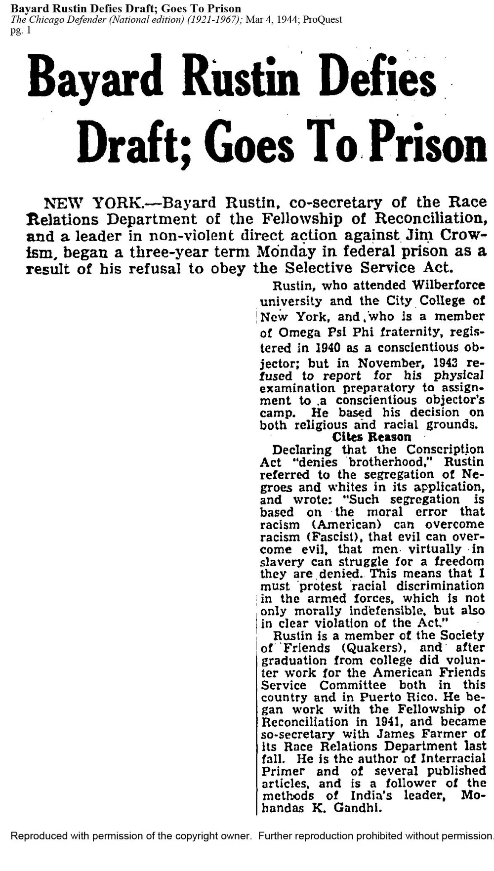 Bayard Rustin Defies Draft; Goes To Prison — Bayard Rustin Center for ...