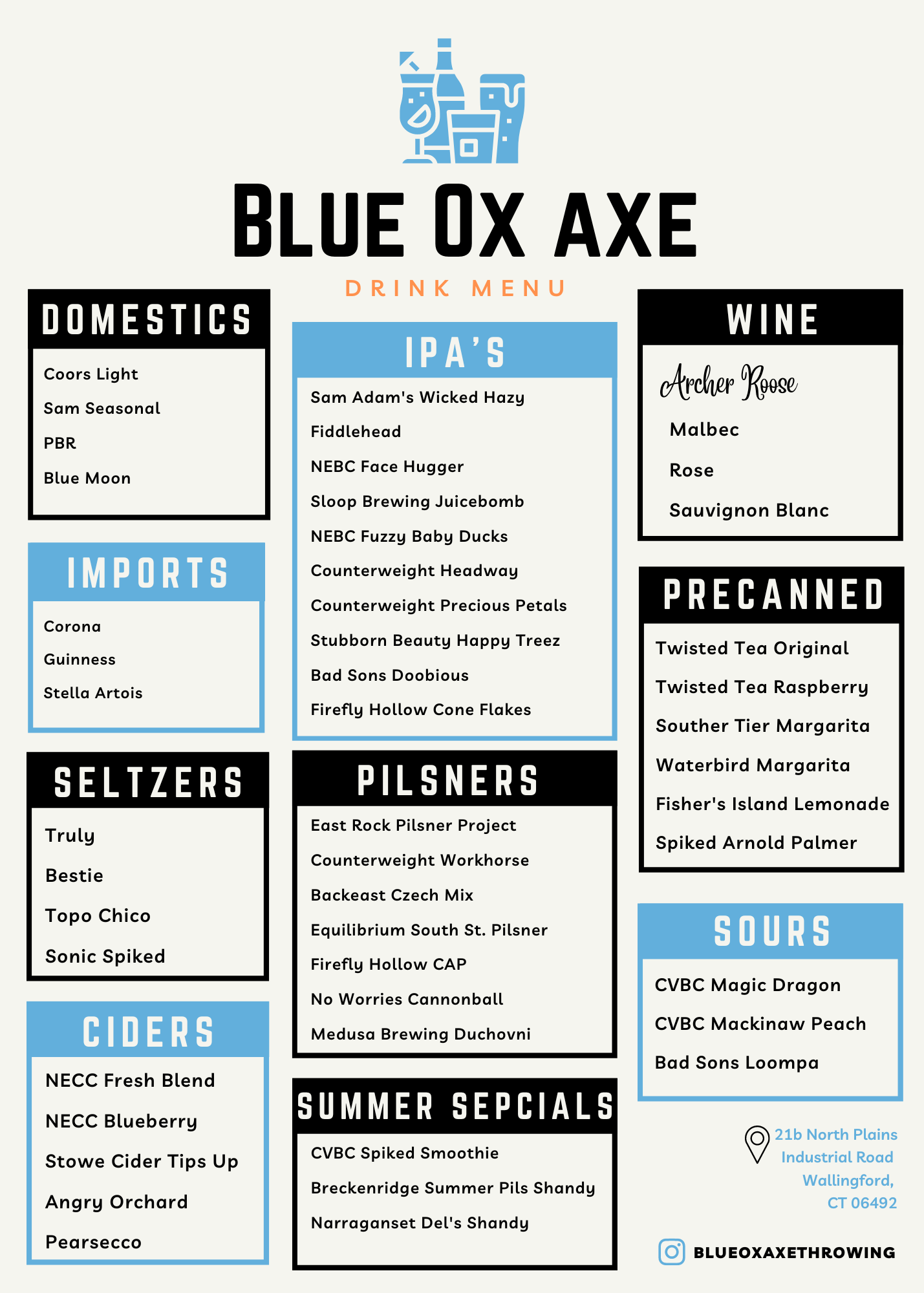 Wallingford Bar Menu — Blue Ox Axe Throwing