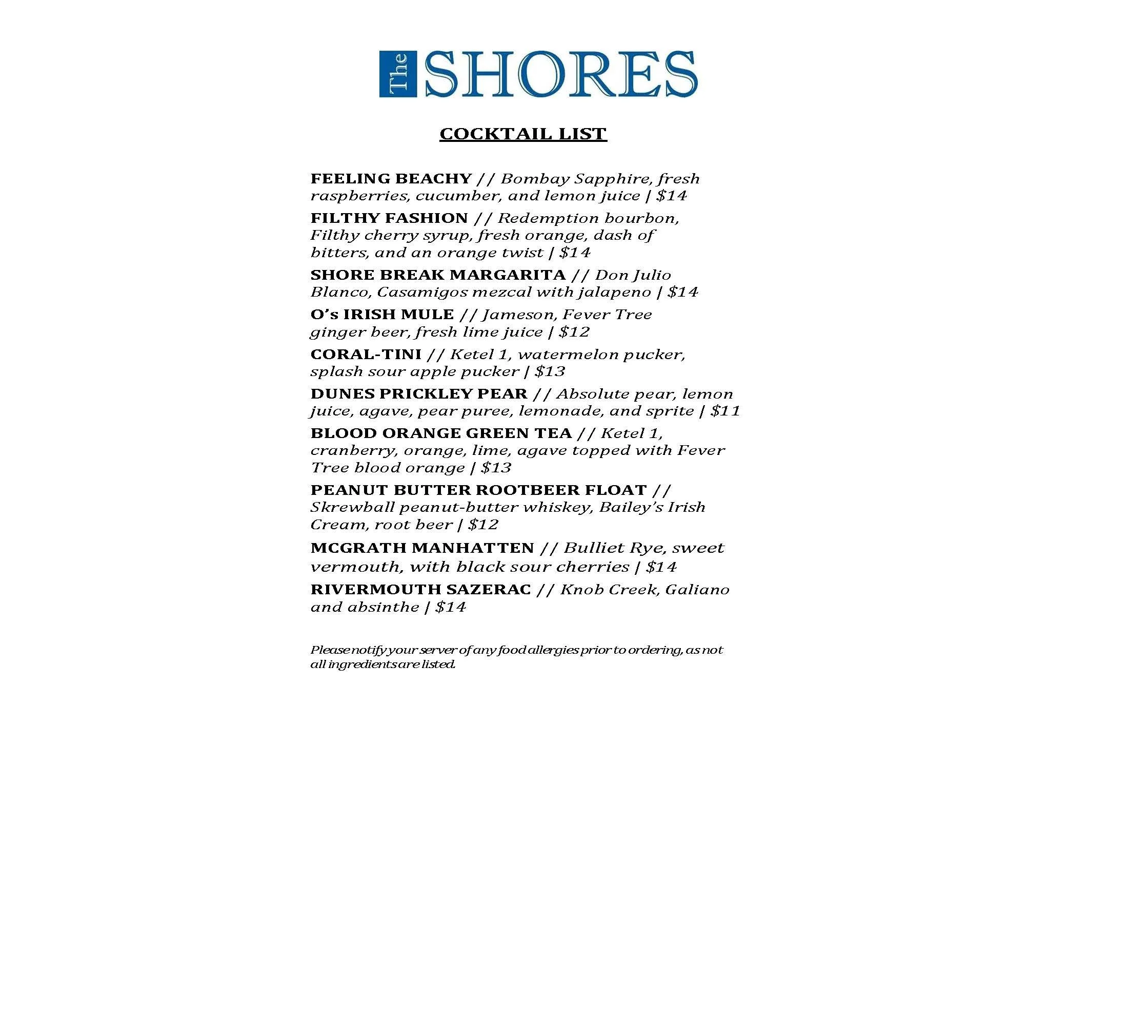 Menus — The Shores Restaurant