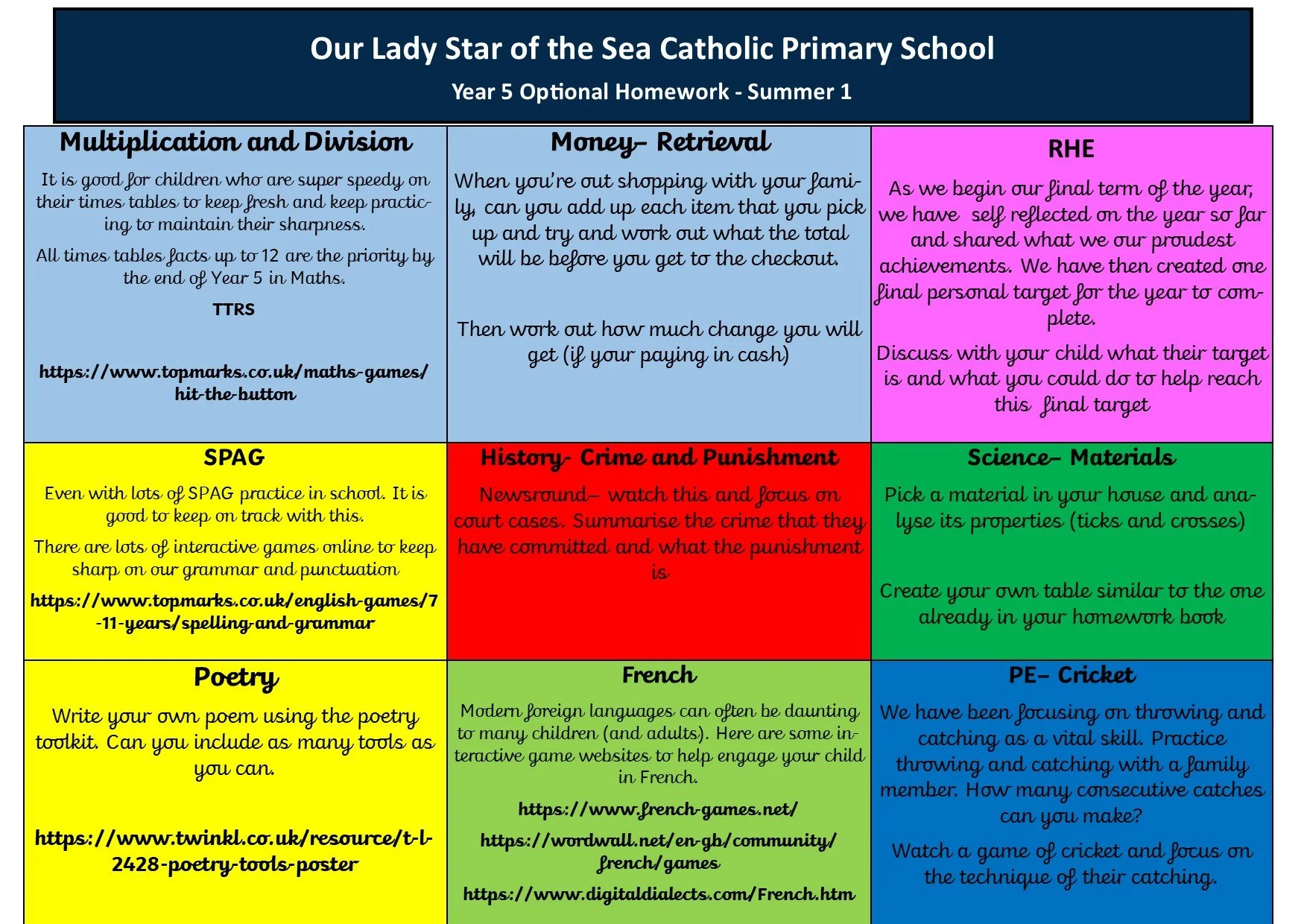 Year Five Homework — Our Lady Star of the Sea RC Primary School