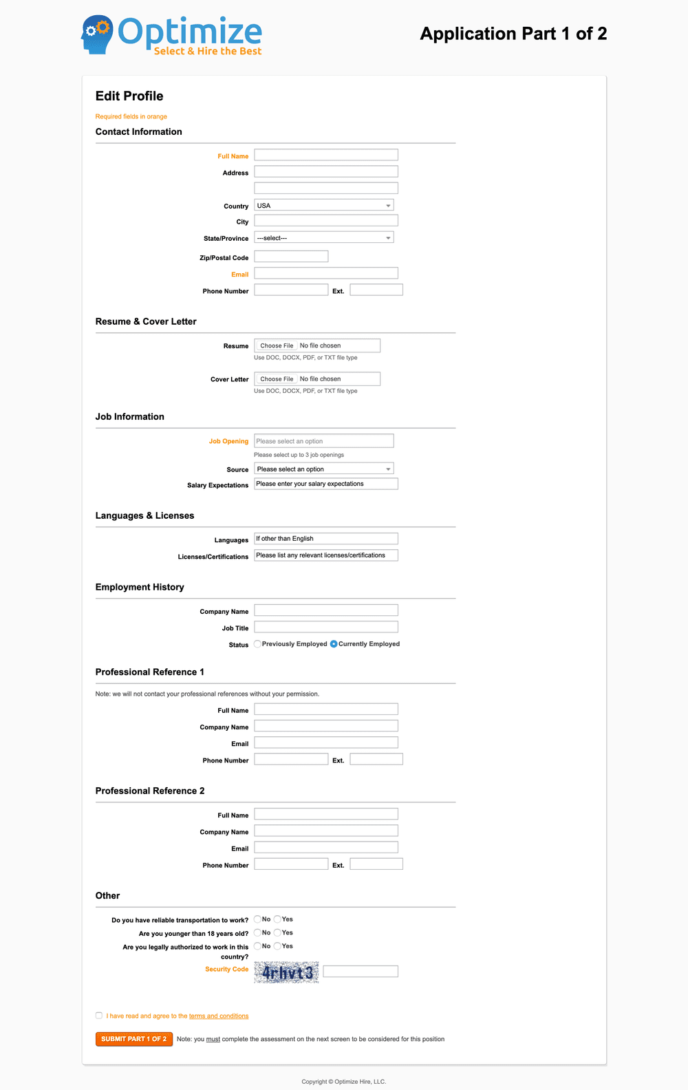 Online Application Page | Optimize Hire