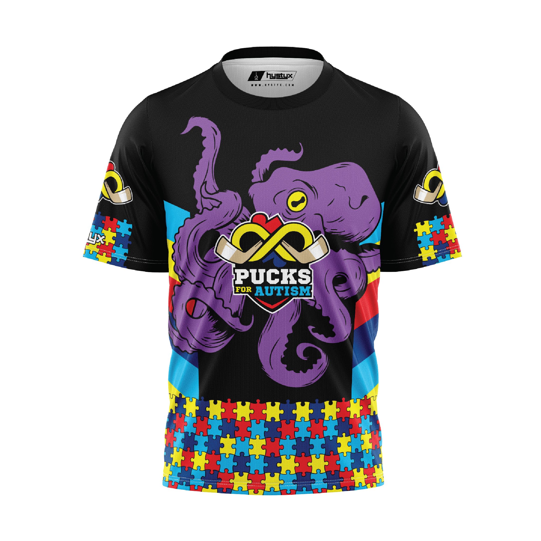 Pucks For Autism Black Sublimated T-Shirt — hystyx