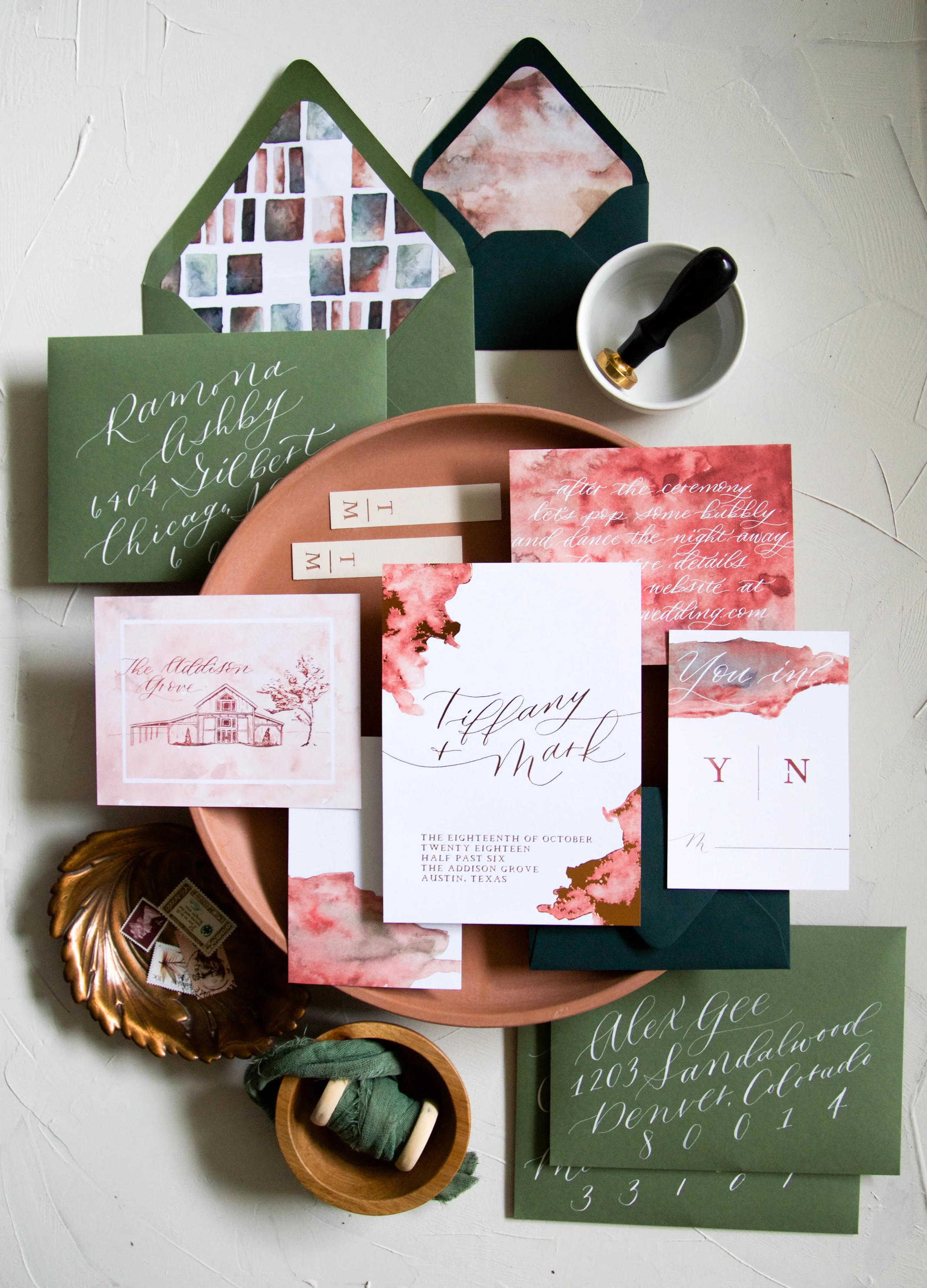 Copper + Sage Watercolor Invitations for The Big Fake Wedding — LUXDOMINA