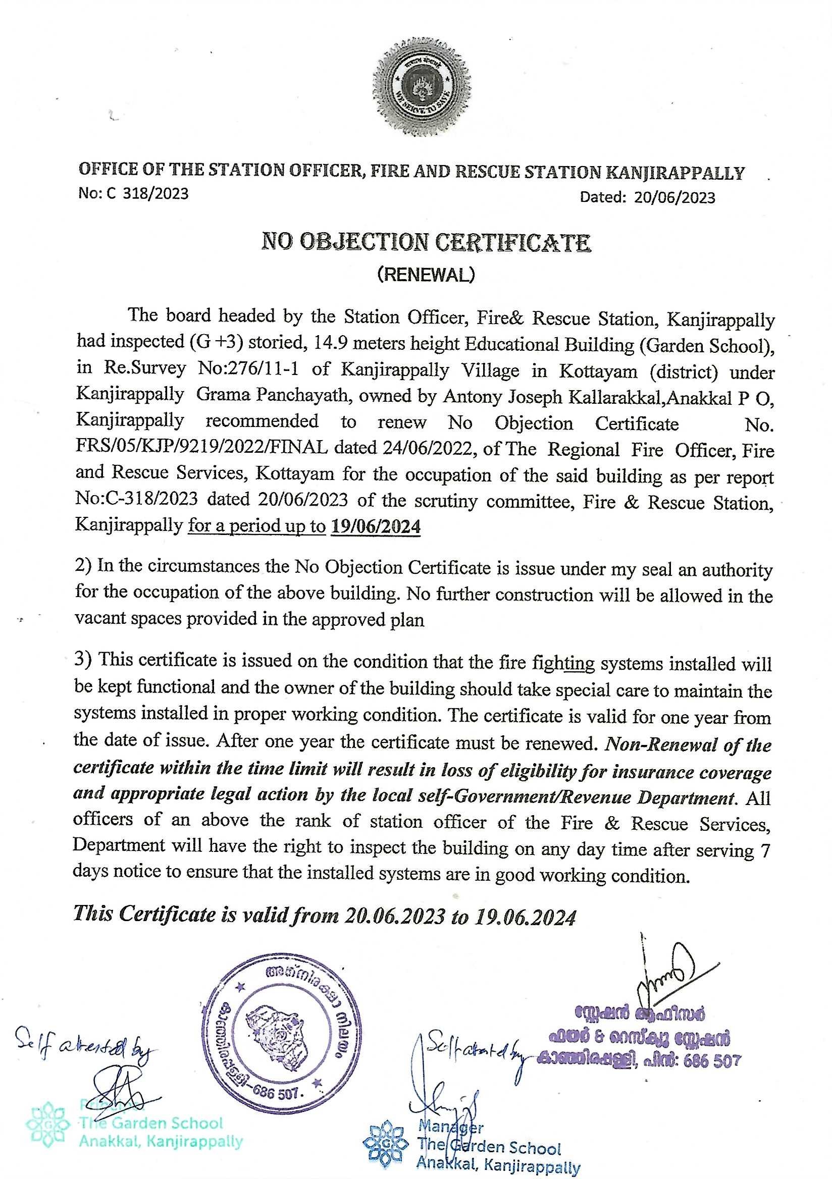 Fire and Safety Certificate — The Garden School