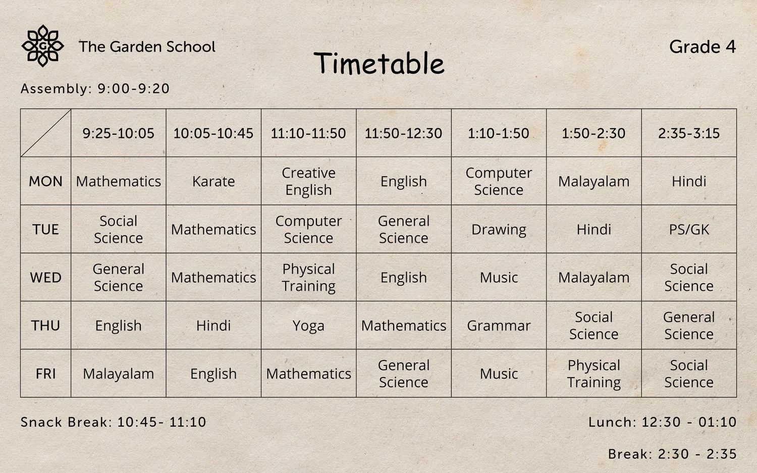 Time Table 2022-23 — The Garden School
