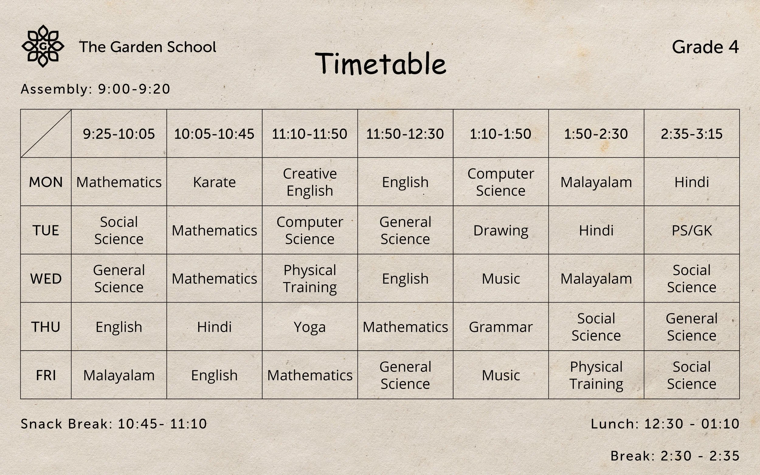 Time Table 2022-23 — The Garden School
