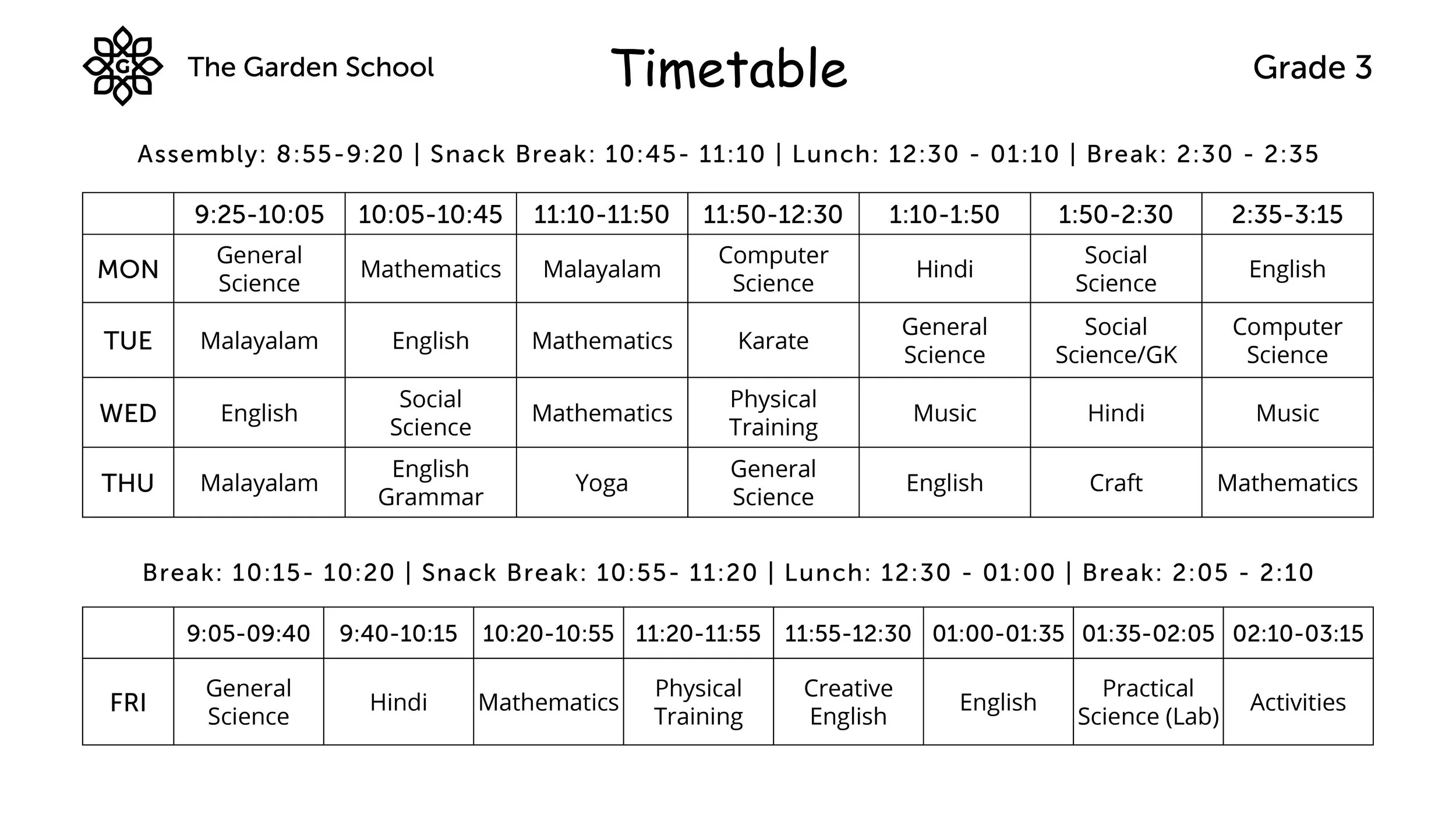 Time Table 2023-24 — The Garden School