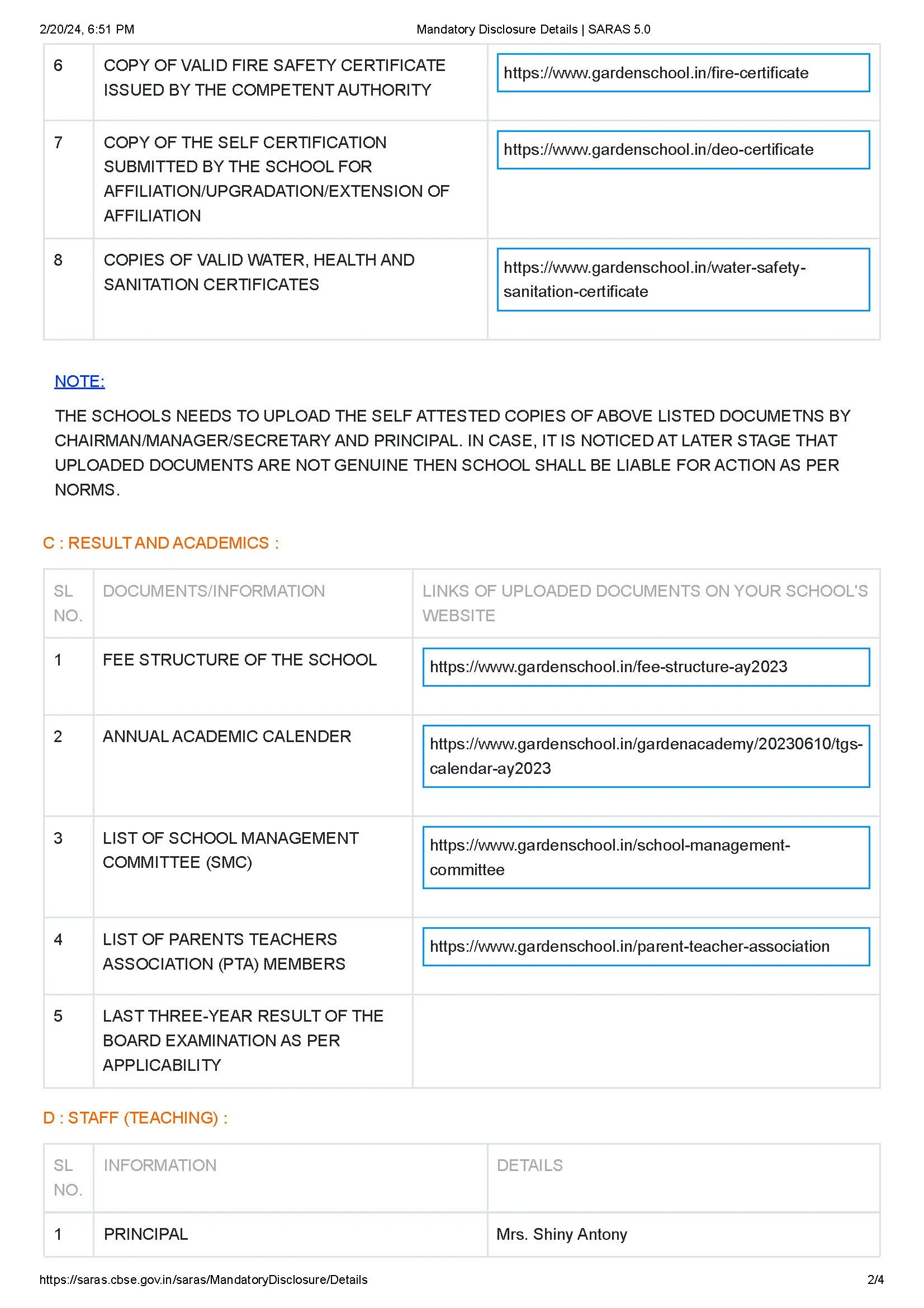 Mandatory Disclosure — The Garden School