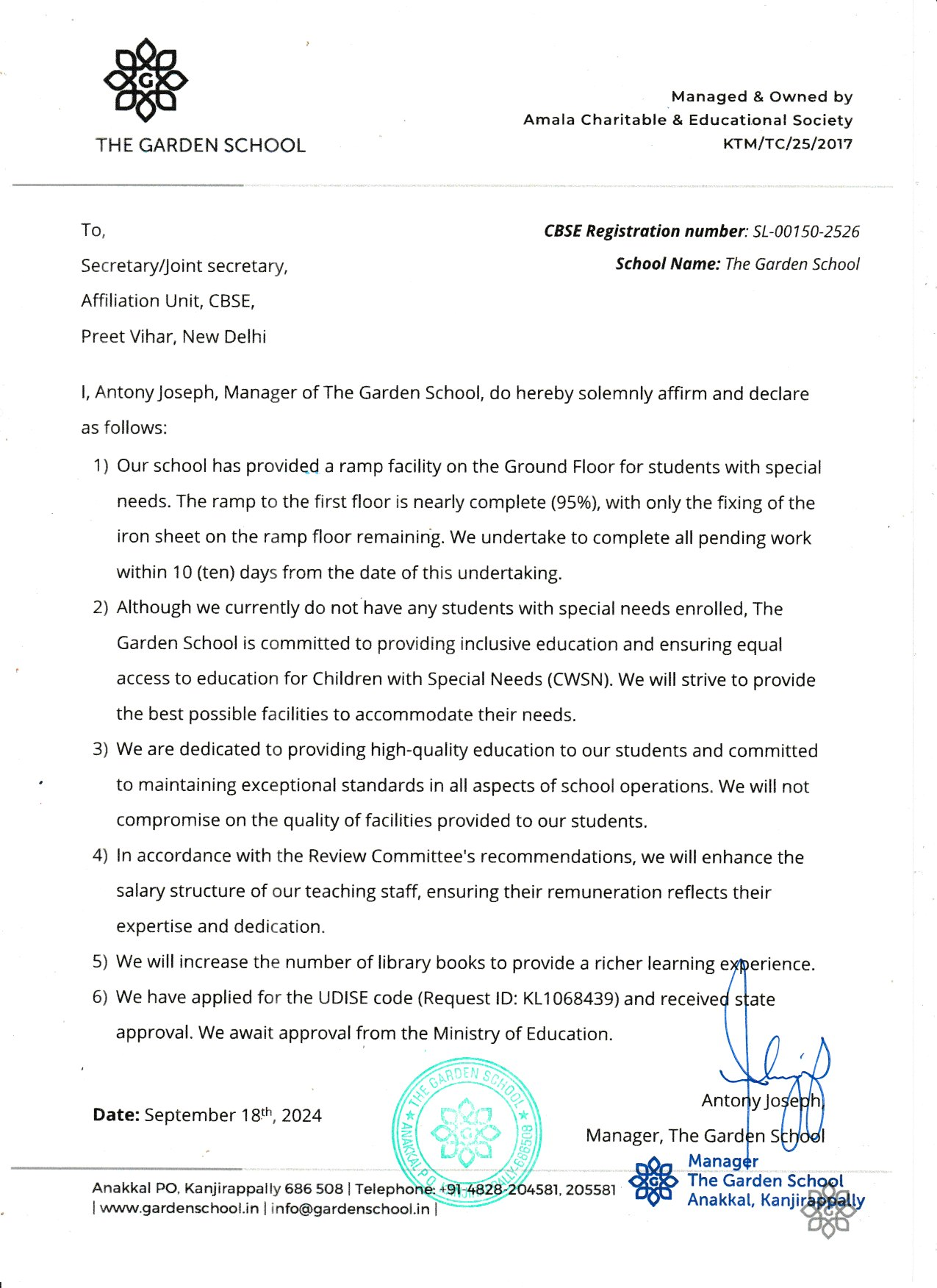 Undertaking for enhancing facilities — The Garden School