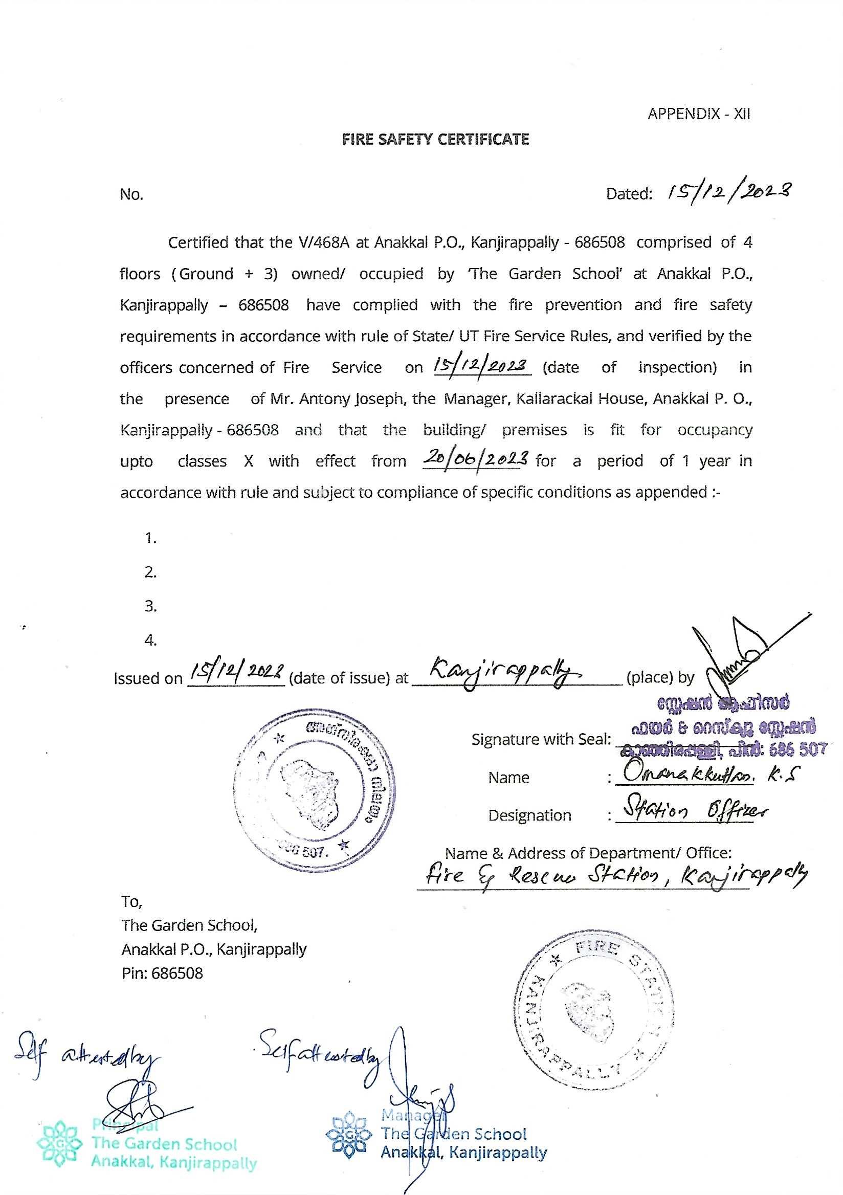 Fire and Safety Certificate — The Garden School